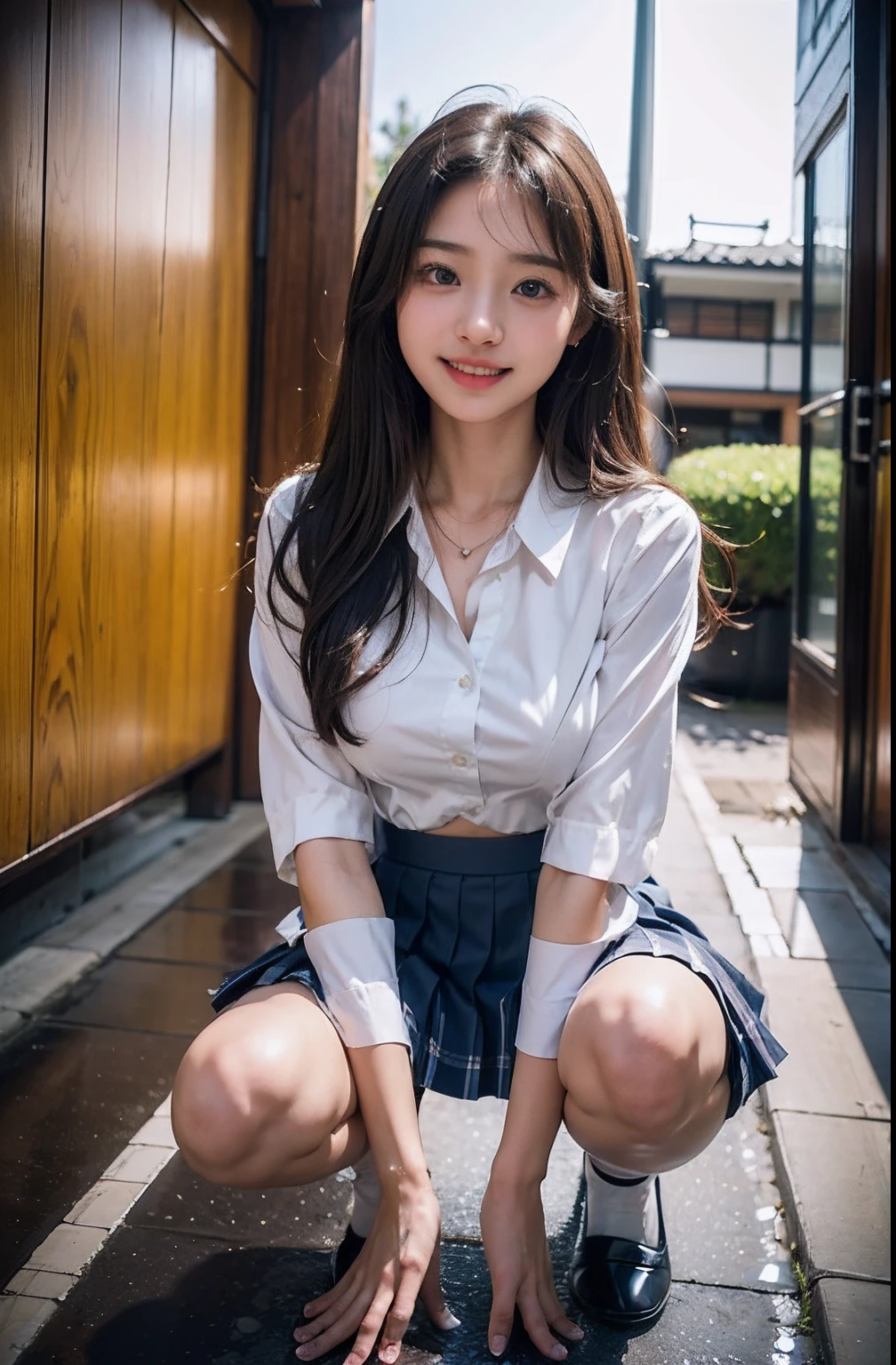 A close up of a woman kneeling on a sidewalk with her legs crossed - SeaArt AI