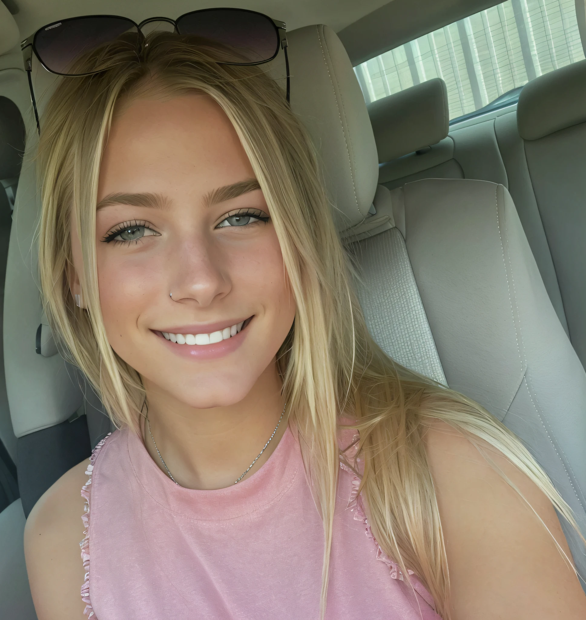 Blonde woman in pink tank top sitting in car with sunglasses on - SeaArt AI
