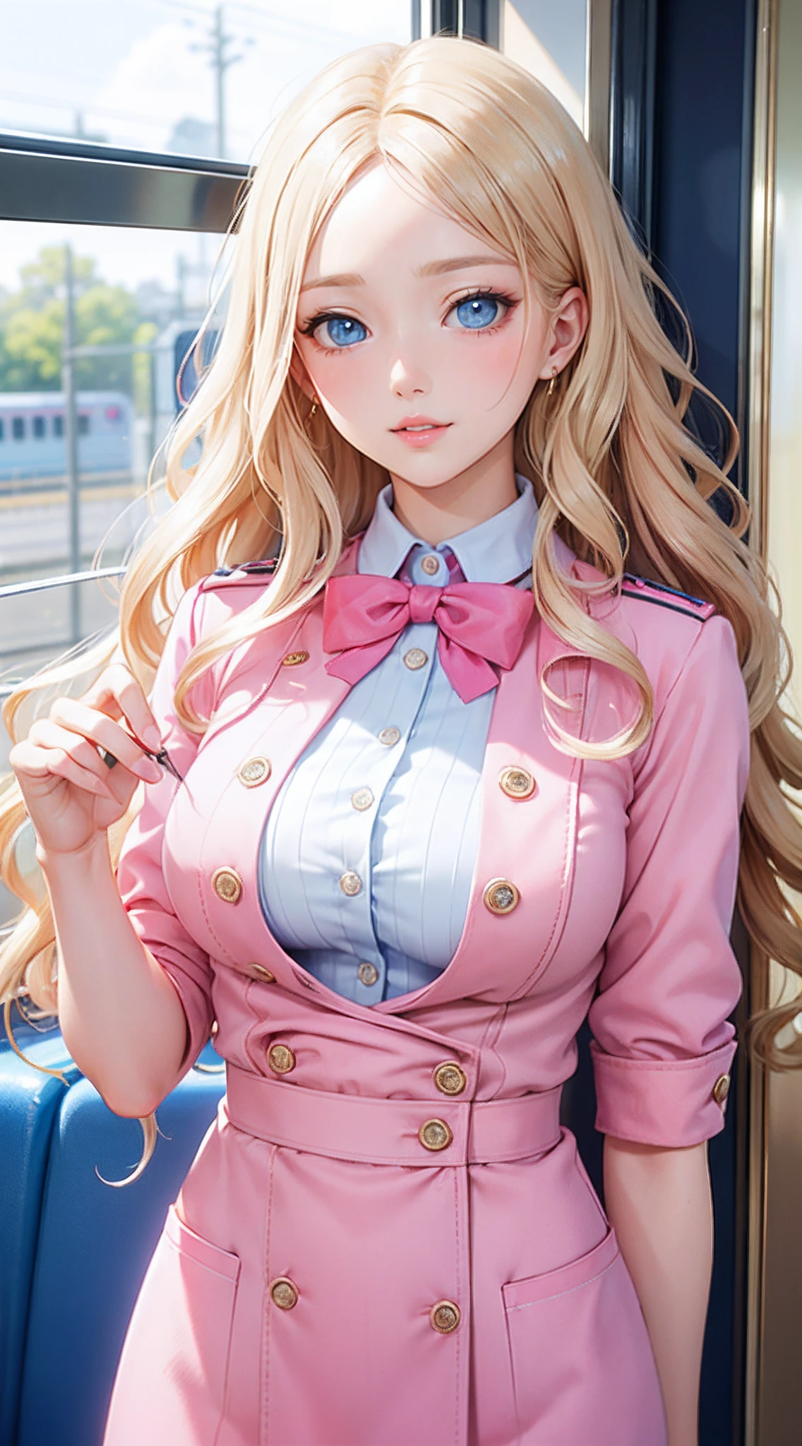 A close up of a woman in a pink dress and a blue shirt - SeaArt AI