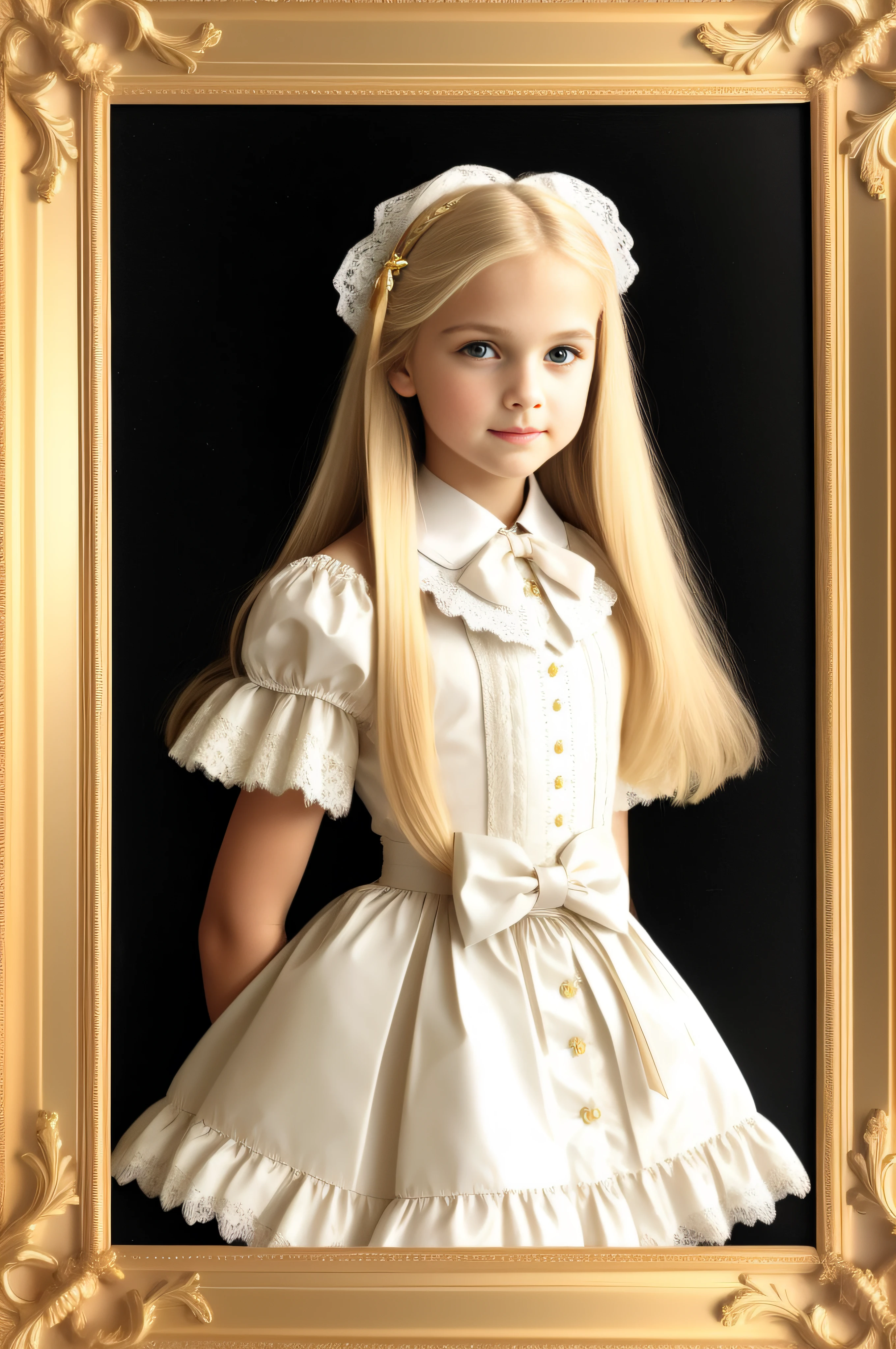 A close up of a young girl in a white dress and a gold frame - SeaArt AI