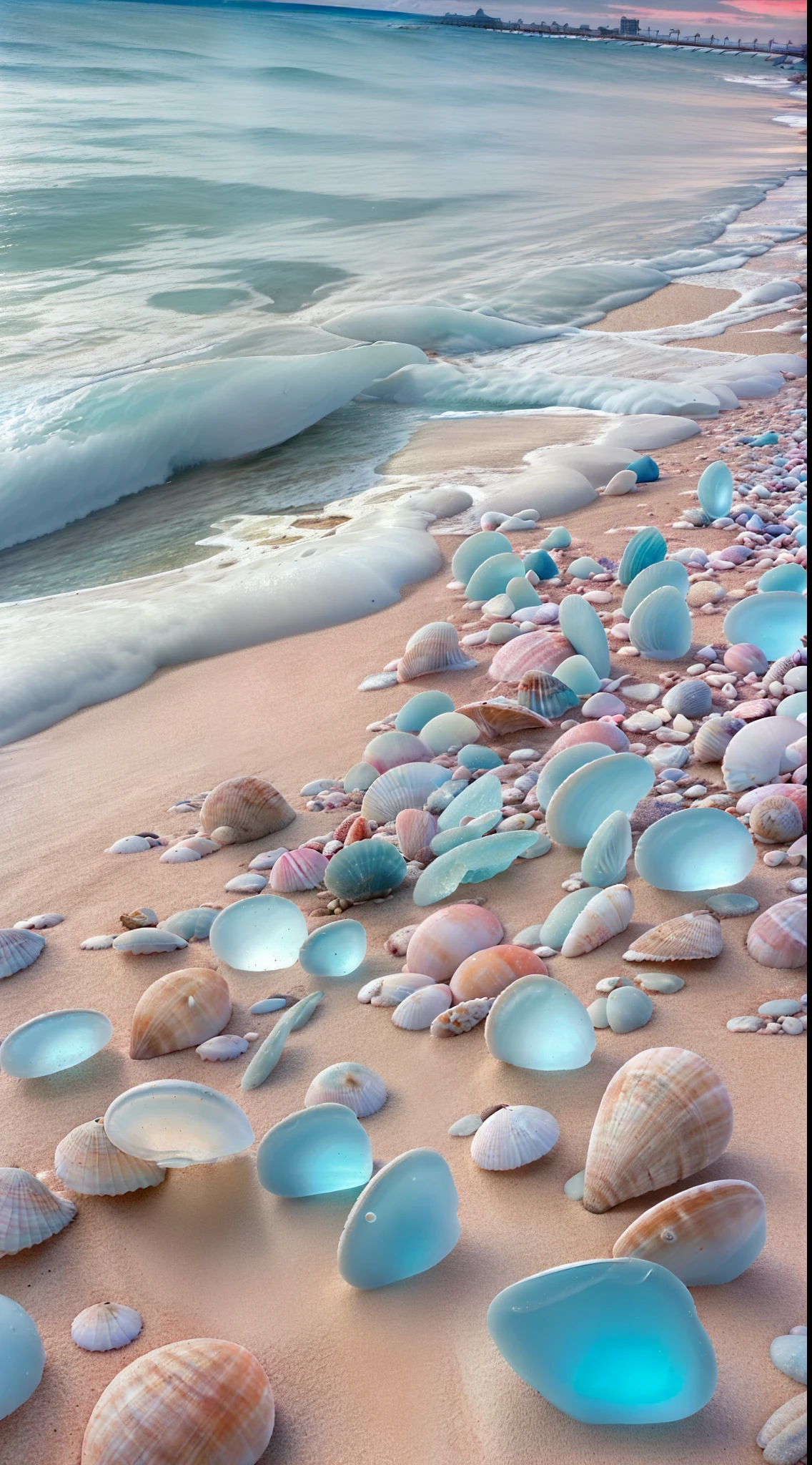 Arafed view of a beach with shells and a wave coming in - SeaArt AI