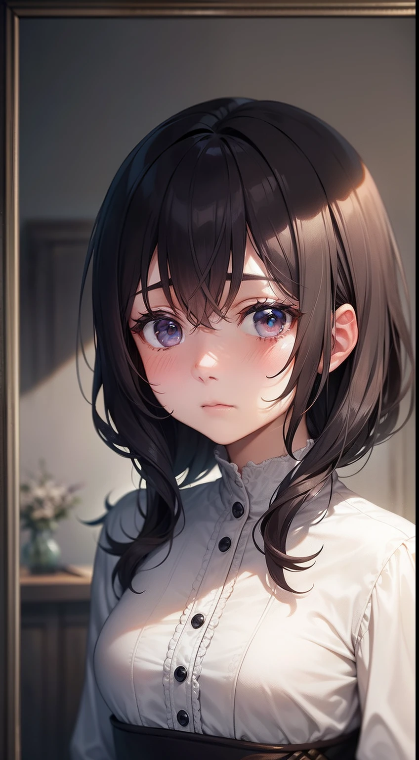 Anime girl with long hair and blue eyes in a white shirt - SeaArt AI