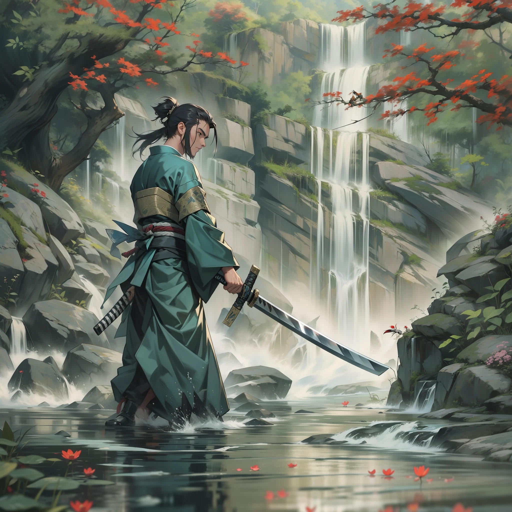 Arafed image of a woman in a kimono standing in a river - SeaArt AI