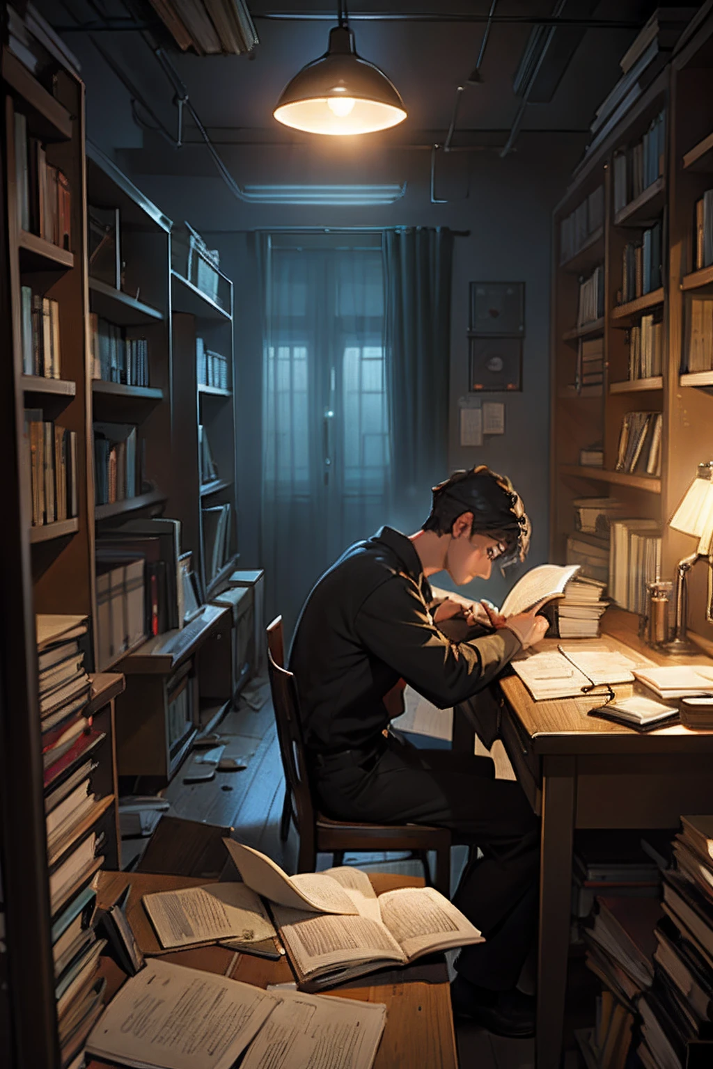 There is a man sitting at a desk reading a book - SeaArt AI