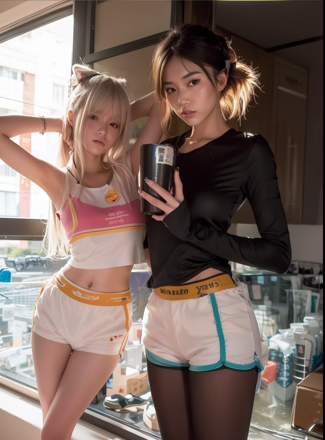 Two women in short shorts and a top are posing for a picture - SeaArt AI