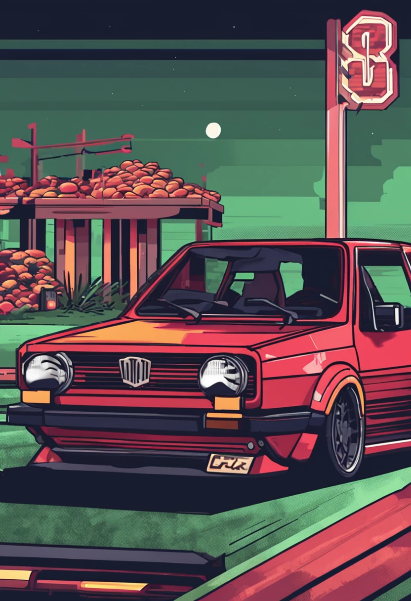 Illustration of a red car parked in front of a gas station - SeaArt AI