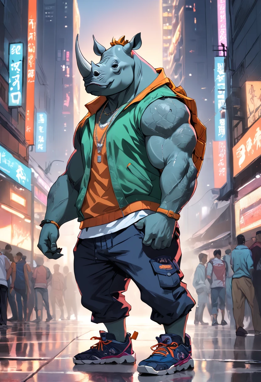 A rhino in a green jacket and blue pants standing on a city street ...