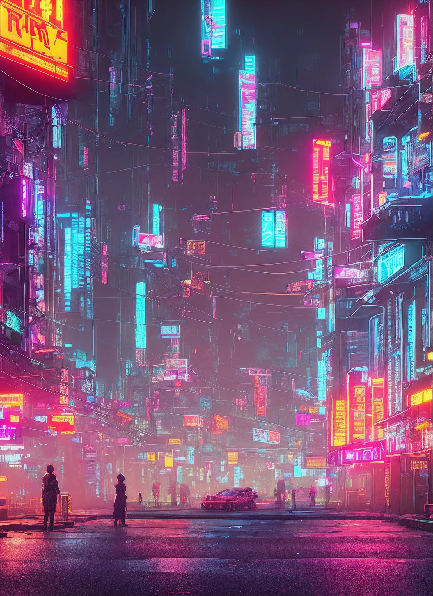 A city street with neon signs and people walking on the sidewalk ...