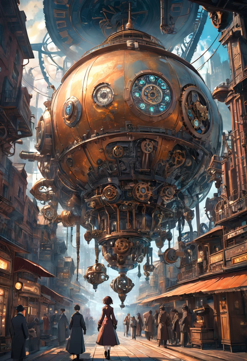 A woman in a dress and hat standing in a large steampunk - SeaArt AI