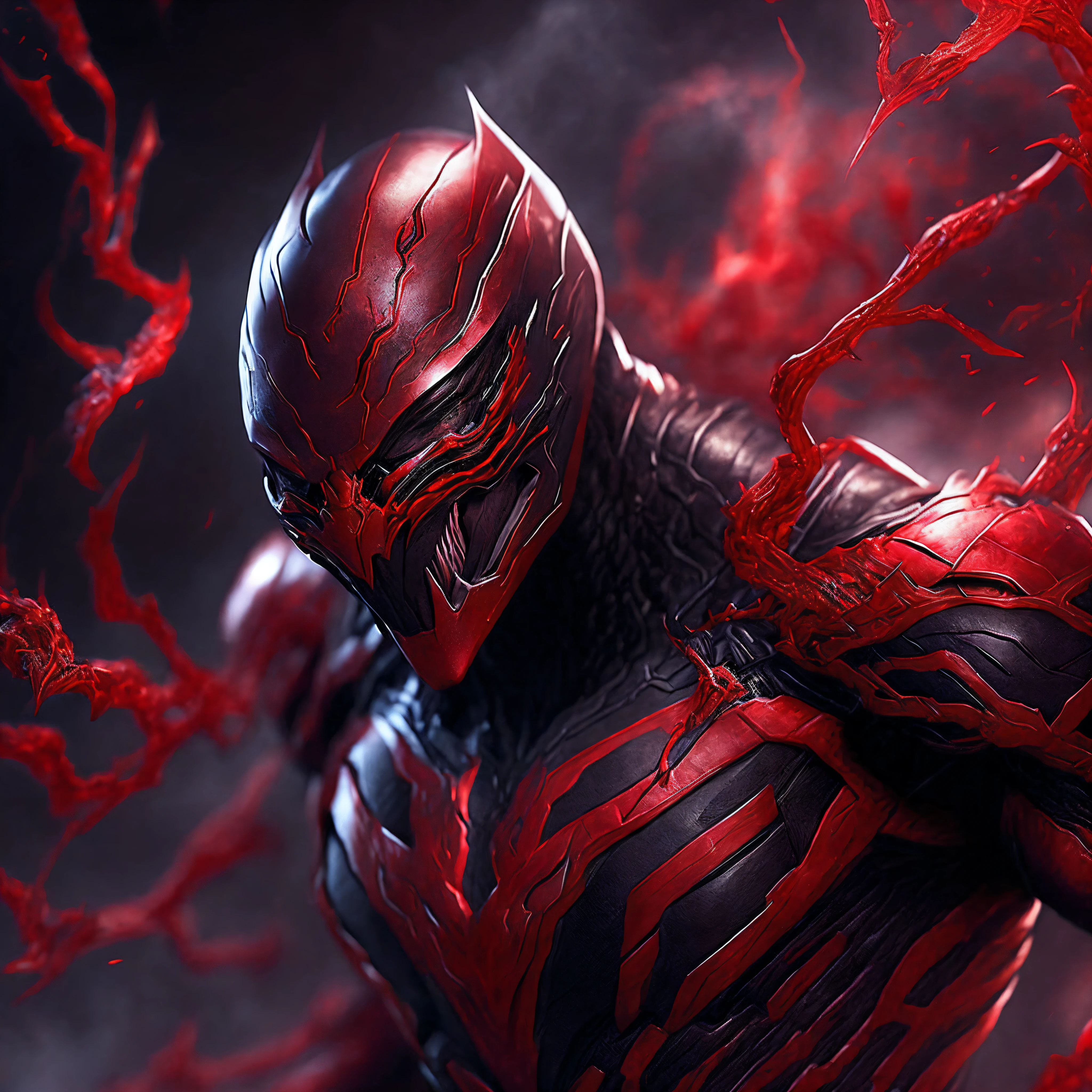 A close up of a person in a red costume with red and black paint ...