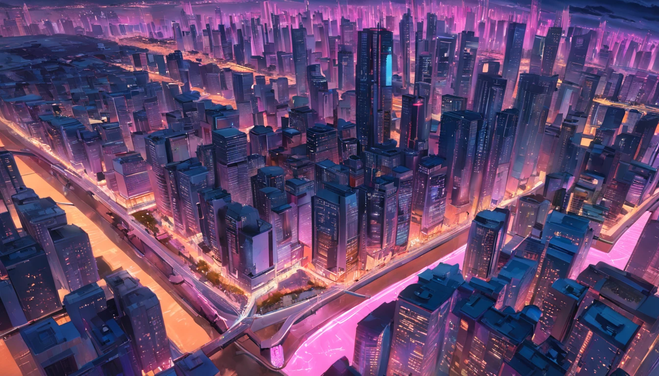 A view of a city at night with a pink light - SeaArt AI