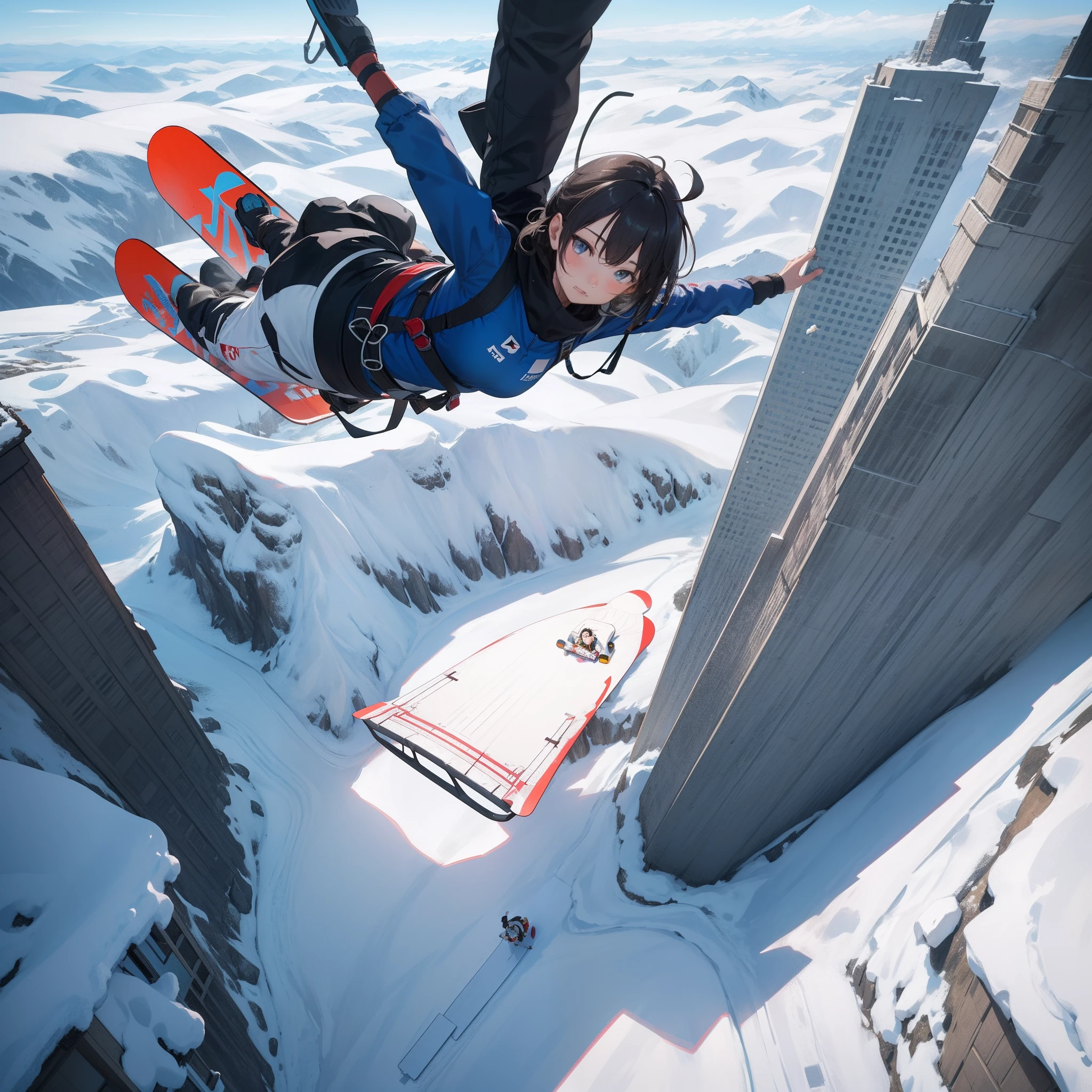 Skier in mid air with snowboard in front of a building - SeaArt AI