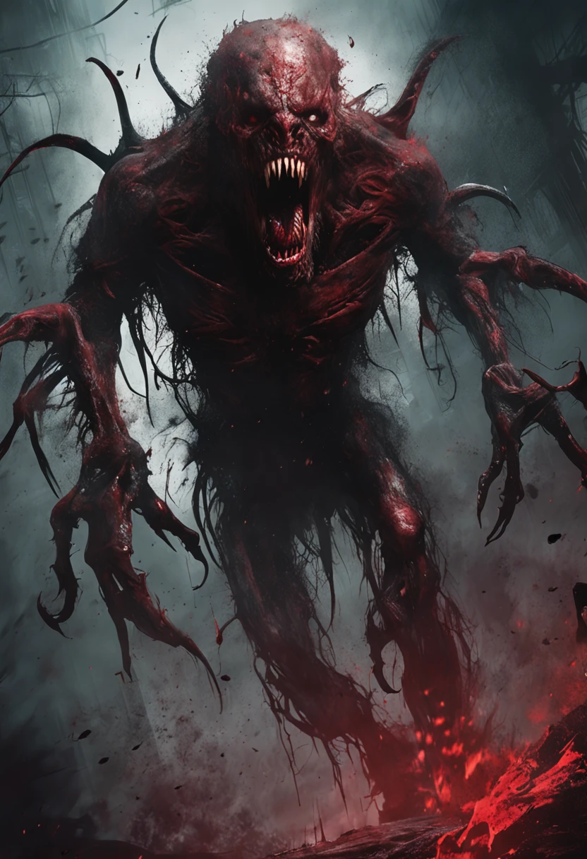 A demonic looking creature with large fangs and large teeth in a dark ...