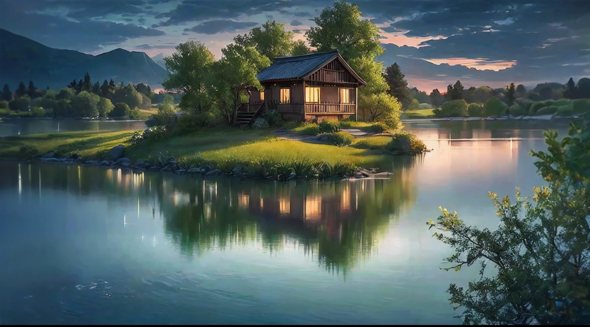 Arafed cabin on a small island in the middle of a lake - SeaArt AI