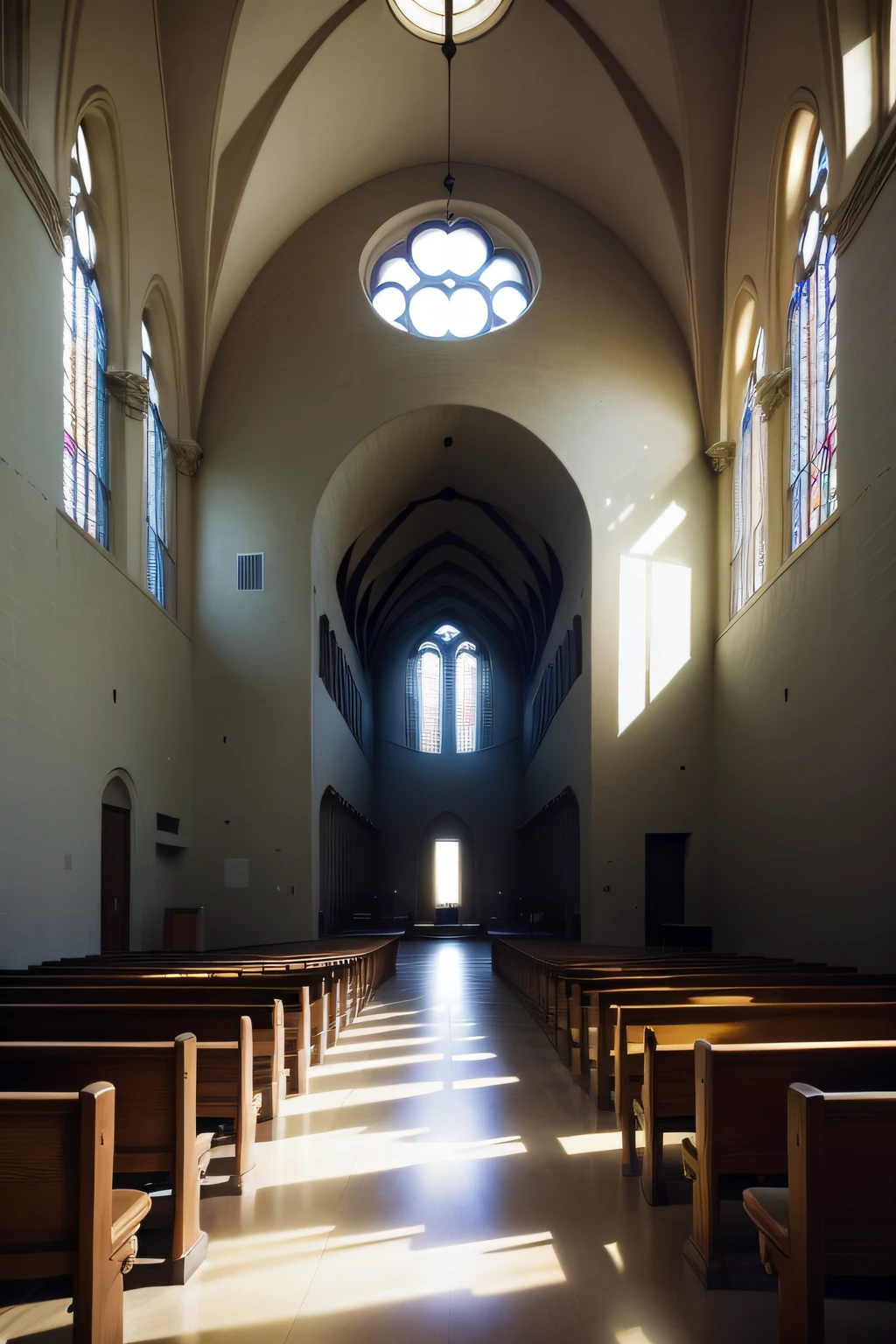 Arafed view of a church with a lot of pews and a light coming through ...