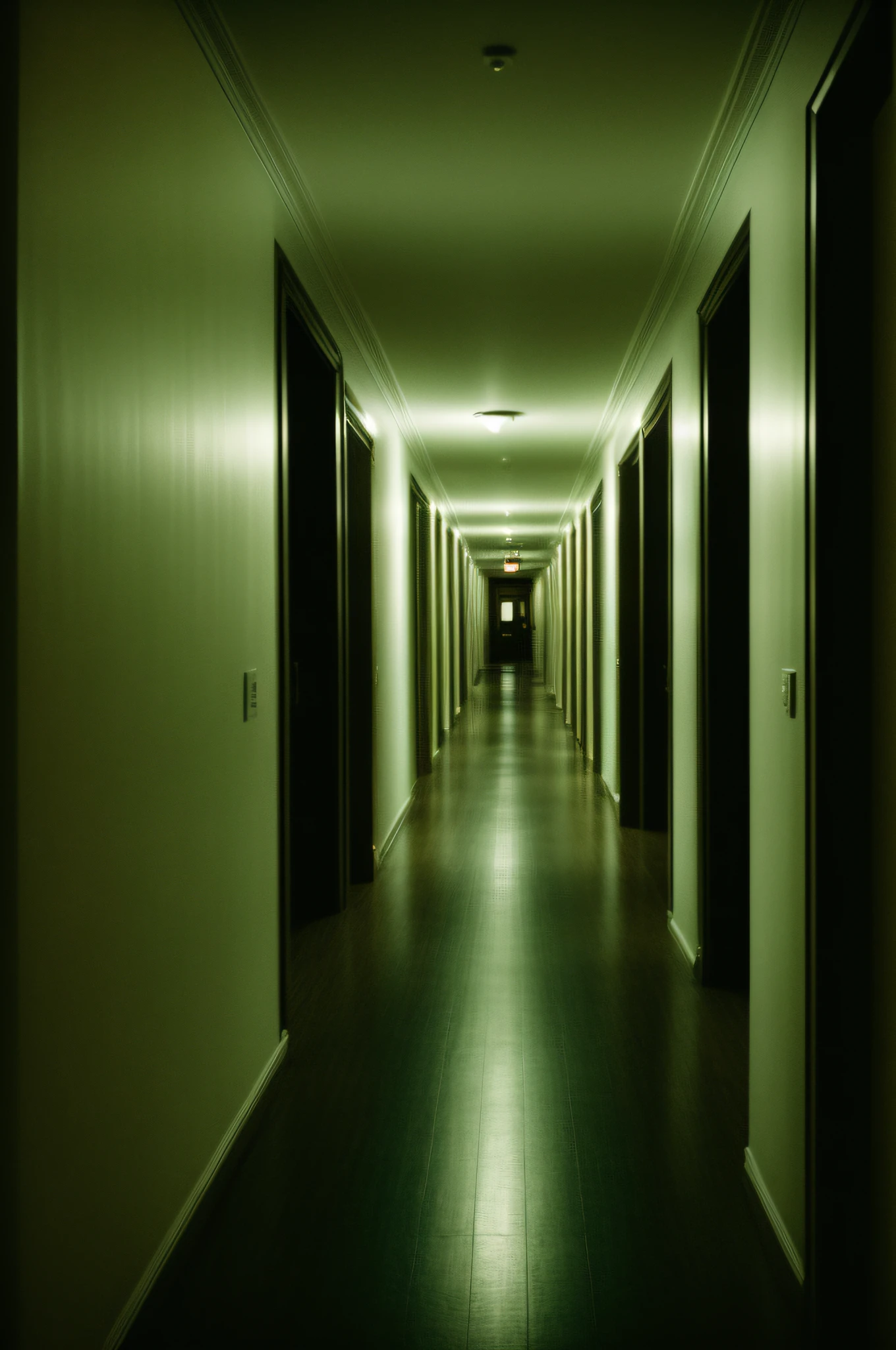 A dimly lit hallway with a long line of doors leading to the rooms ...