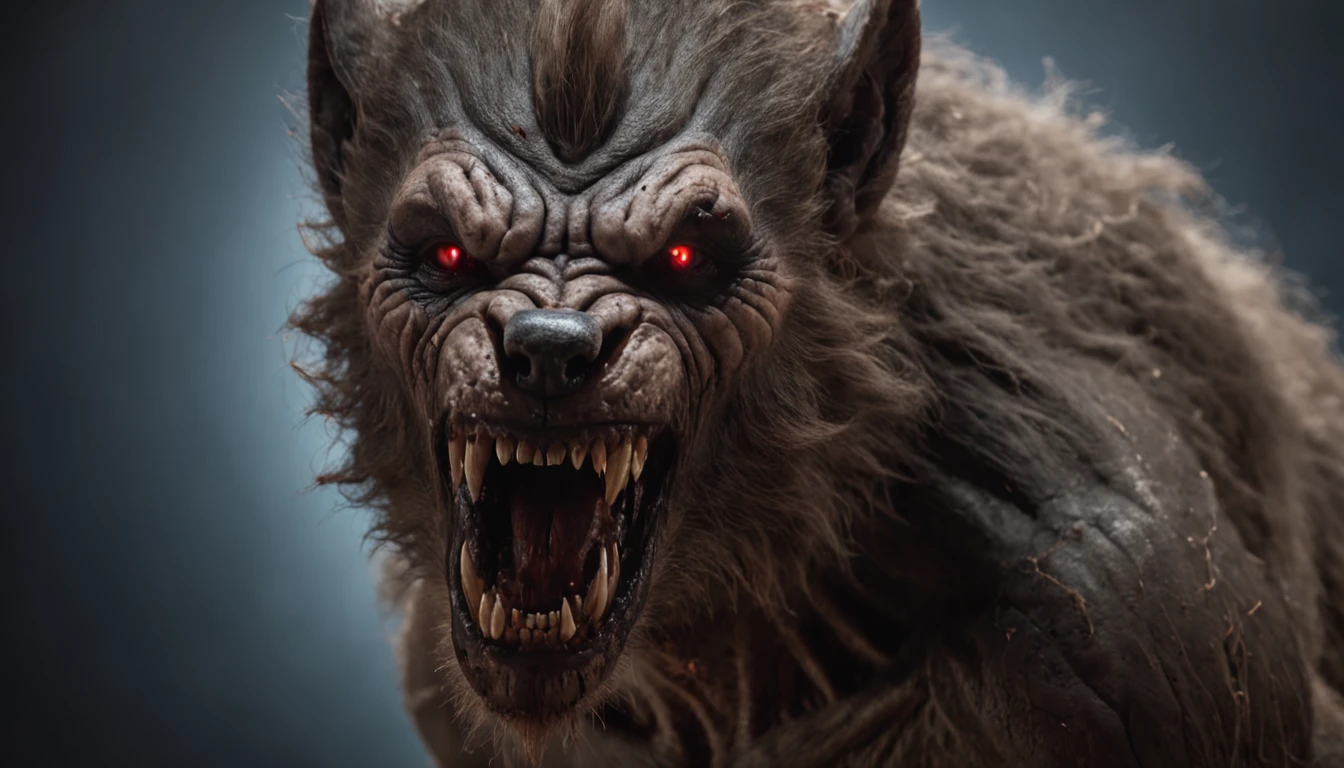 A close up of a werewolf with red eyes and a big grin - SeaArt AI