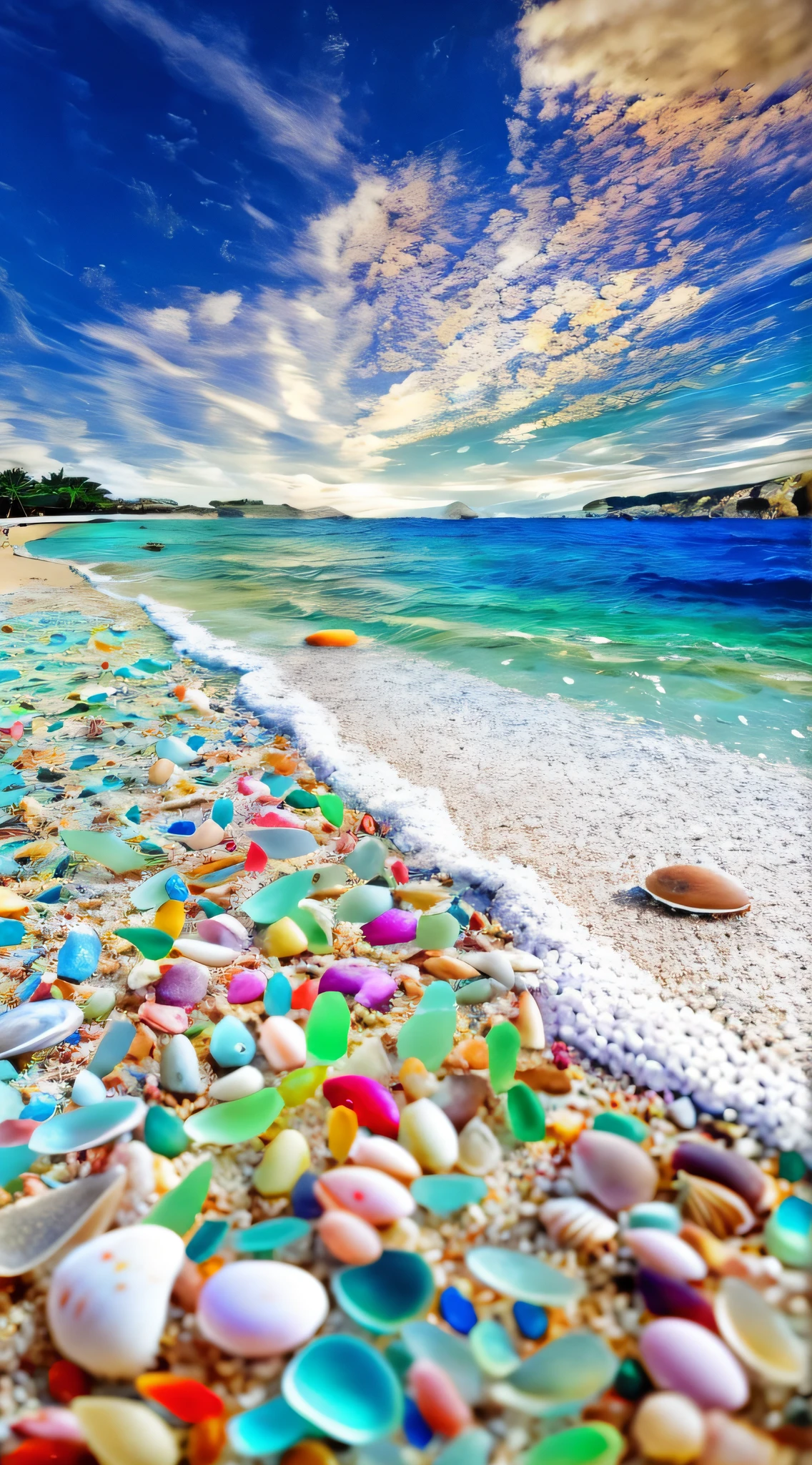 A close up of a beach with shells and a sky background - SeaArt AI