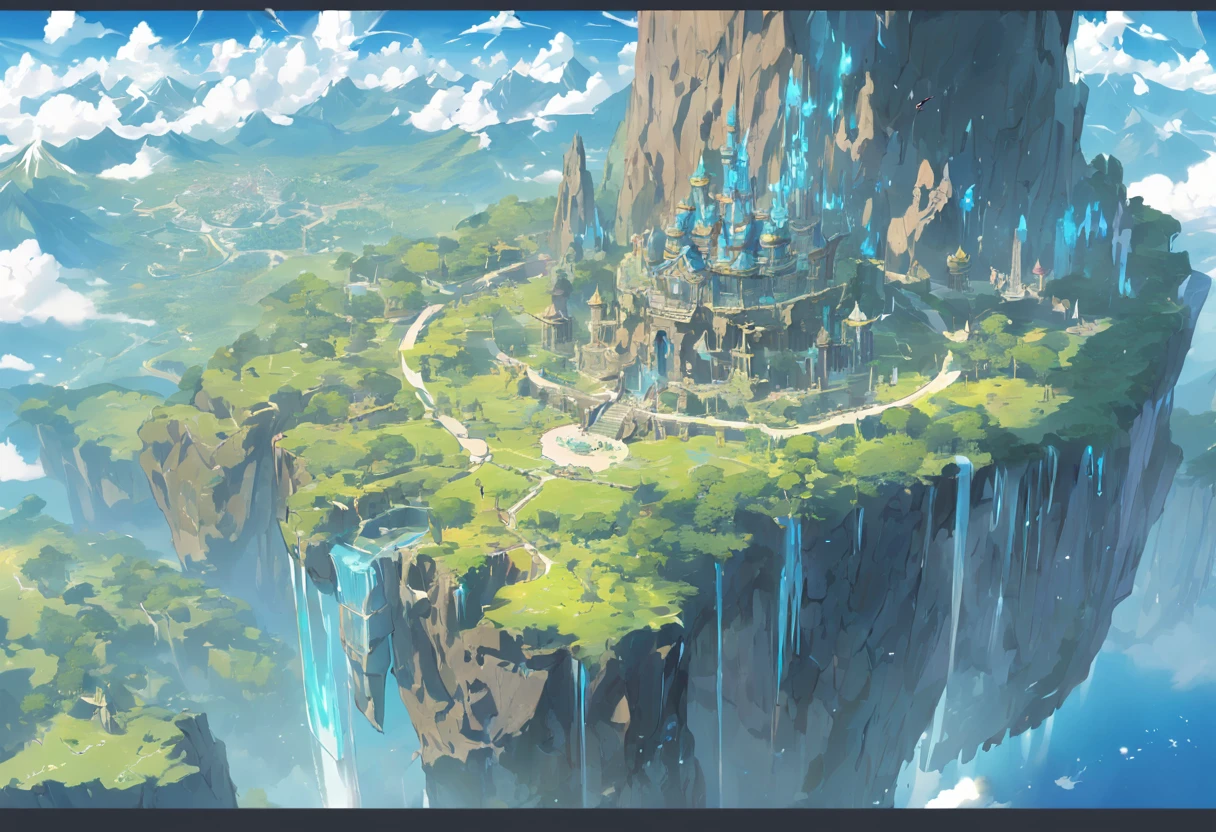 Anime scenery of a mountain with a waterfall and a castle - SeaArt AI