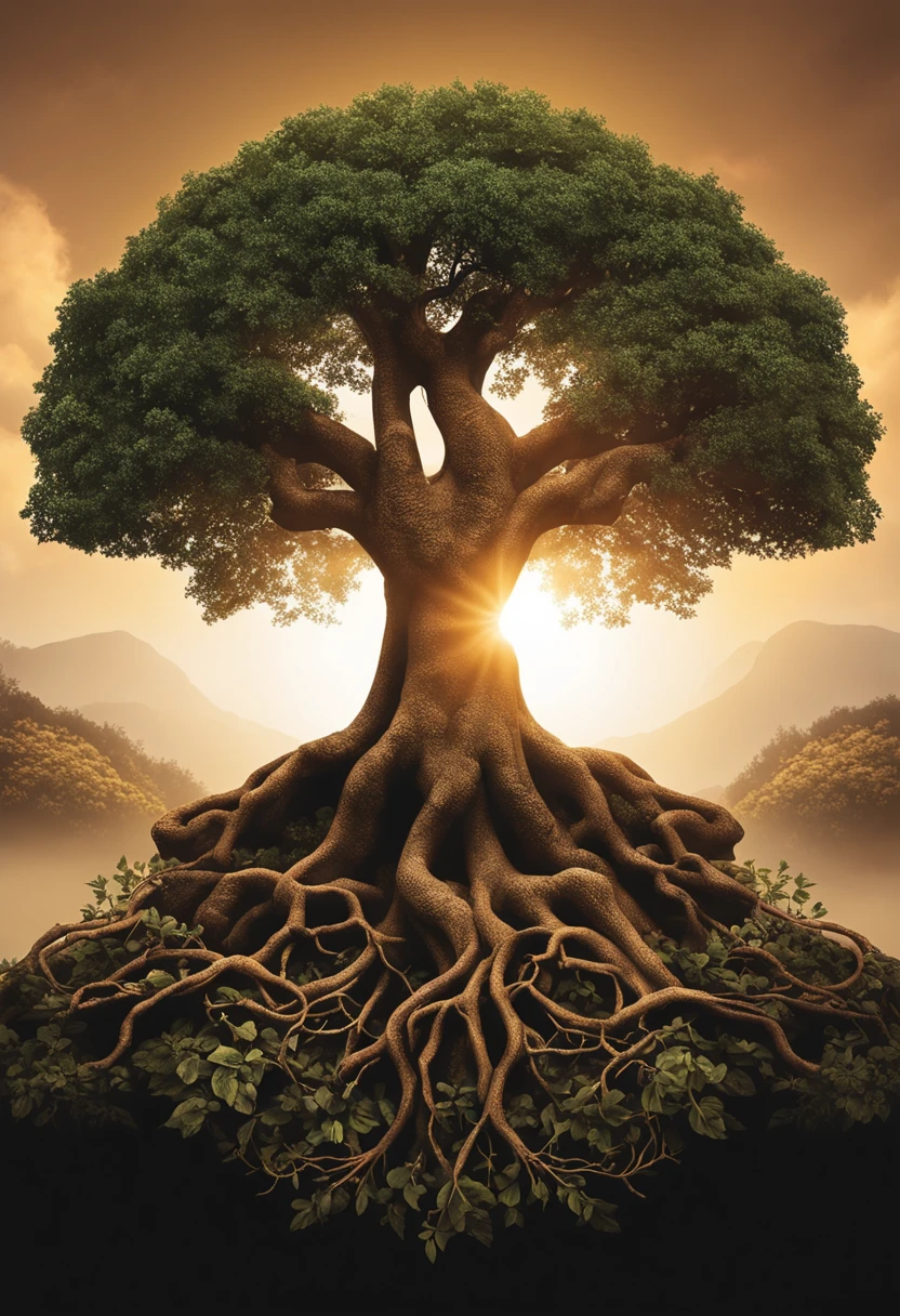 A tree with roots and a sun shining through it - SeaArt AI