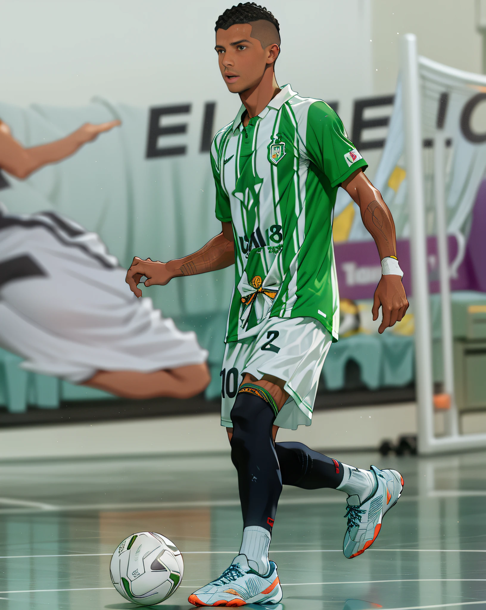 Arafed soccer player in green and white uniform kicking a soccer ball ...