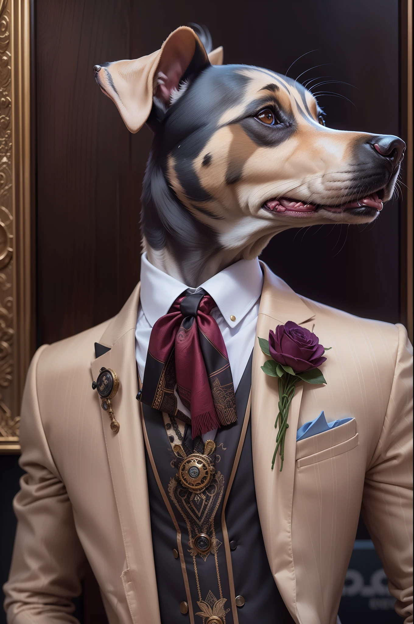 Arafed dog wearing a suit and tie with a rose in his mouth - SeaArt AI