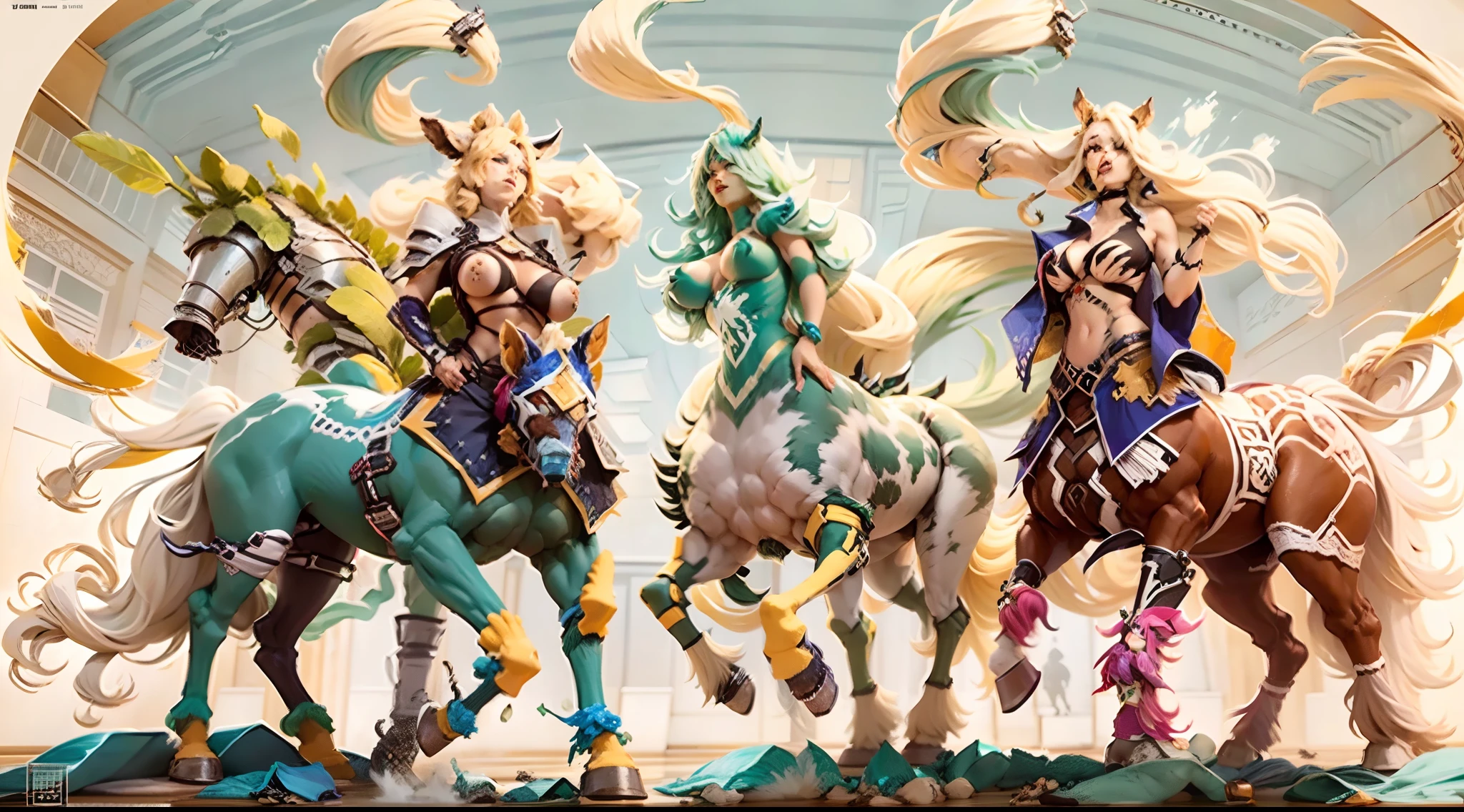 Three figurines of women riding horses in a room - SeaArt AI