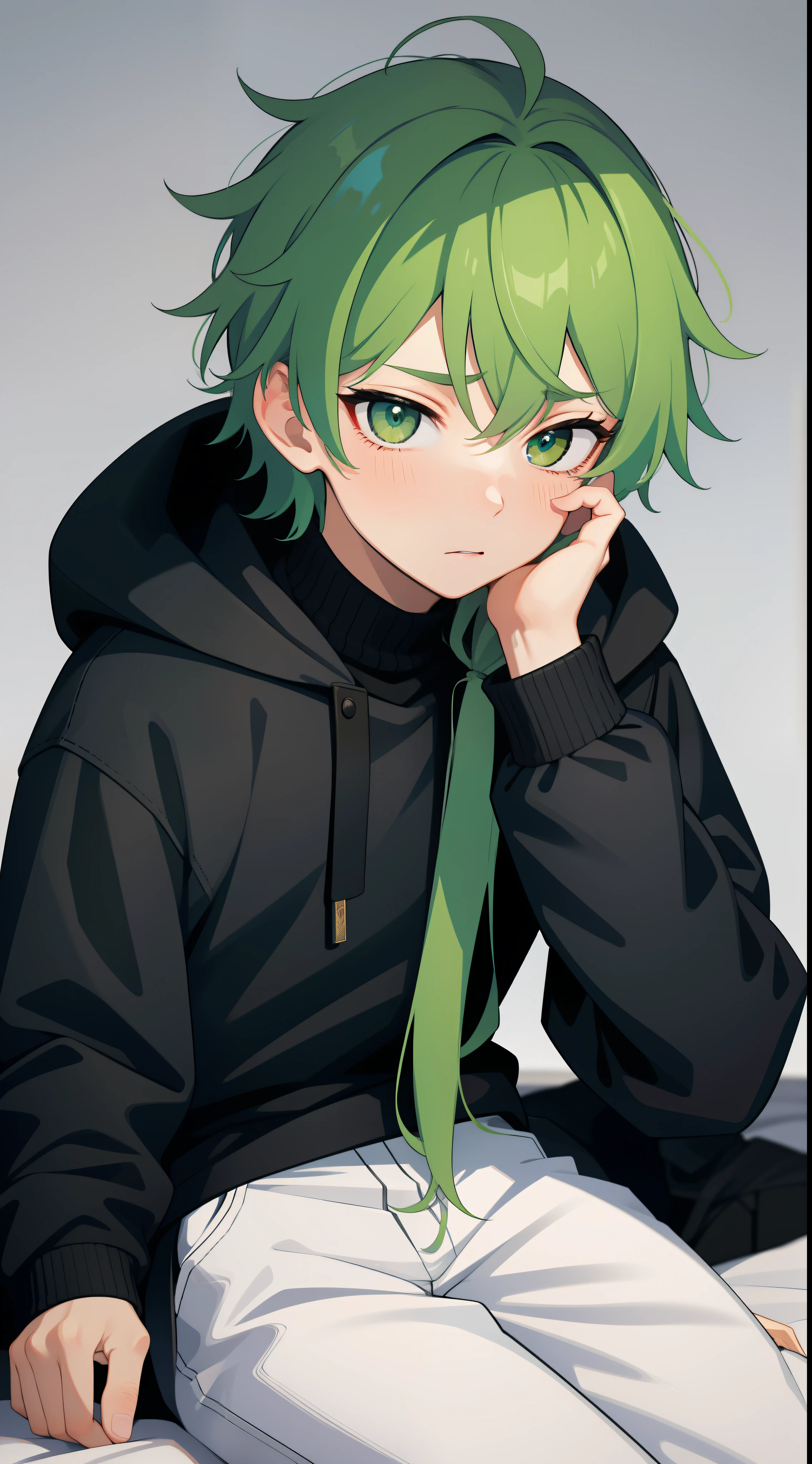 Anime boy with green hair and green tie sitting on a bed - SeaArt AI