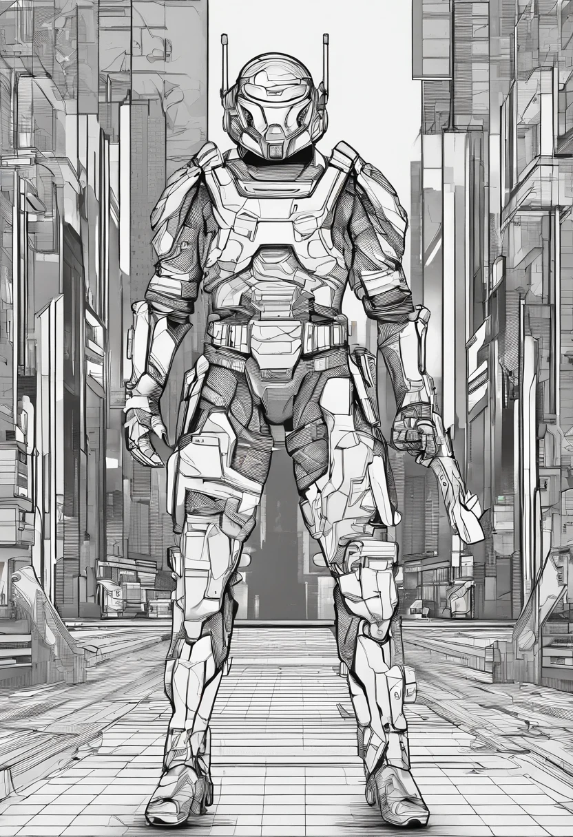 A drawing of a man in armor standing in a city - SeaArt AI