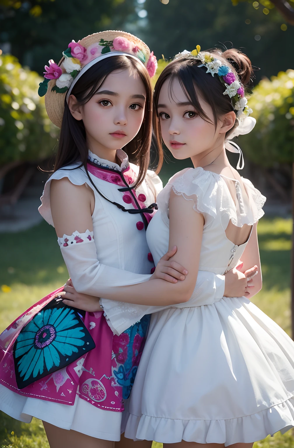 Two young girls in dresses and hats posing for a picture - SeaArt AI