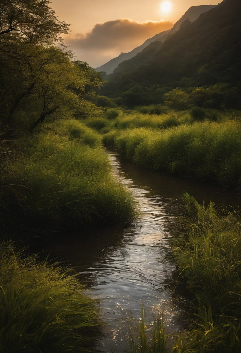 A view of a stream running through a lush green field - SeaArt AI