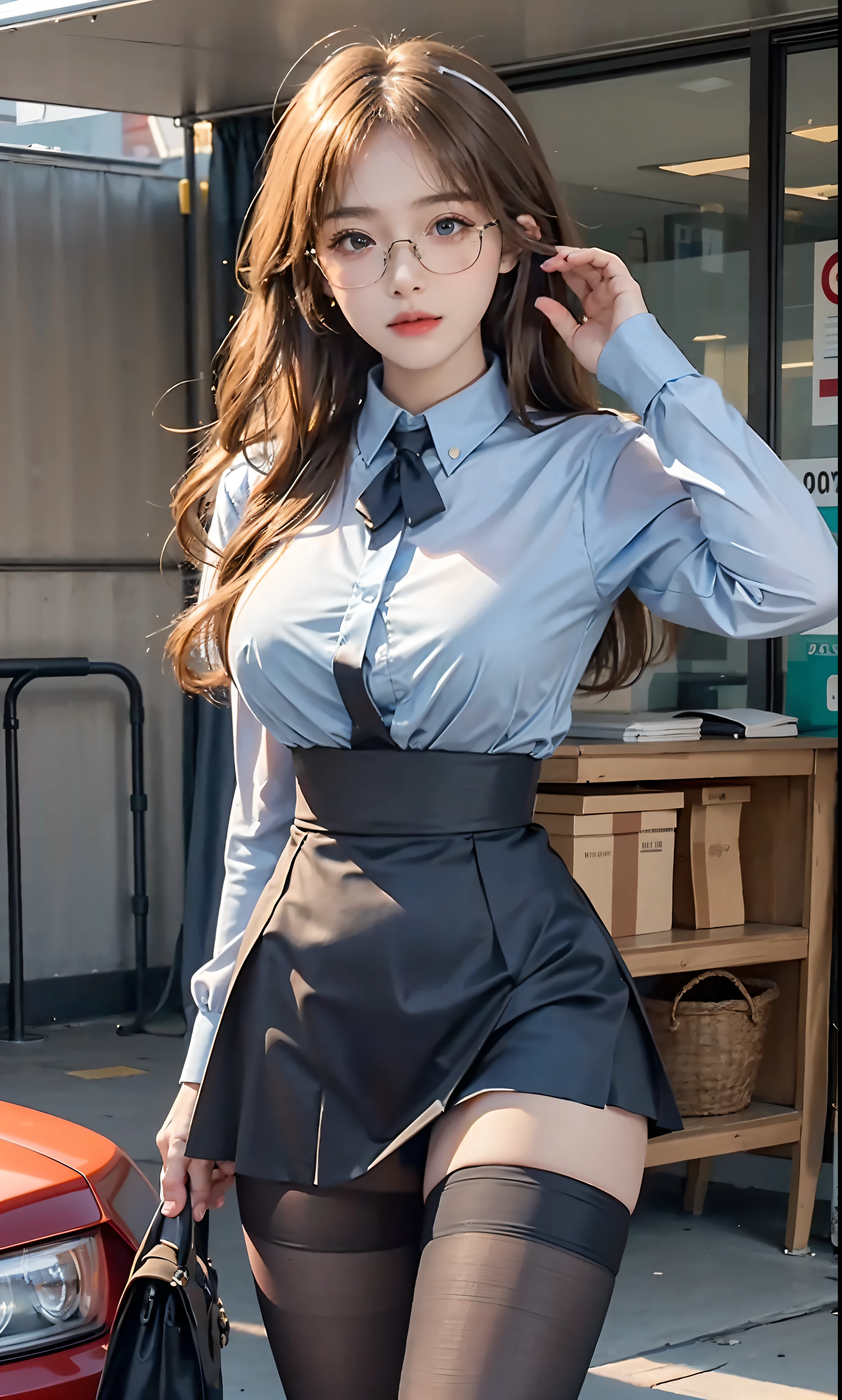 Araffe asian woman in a short skirt and shirt walking down the street - SeaArt AI