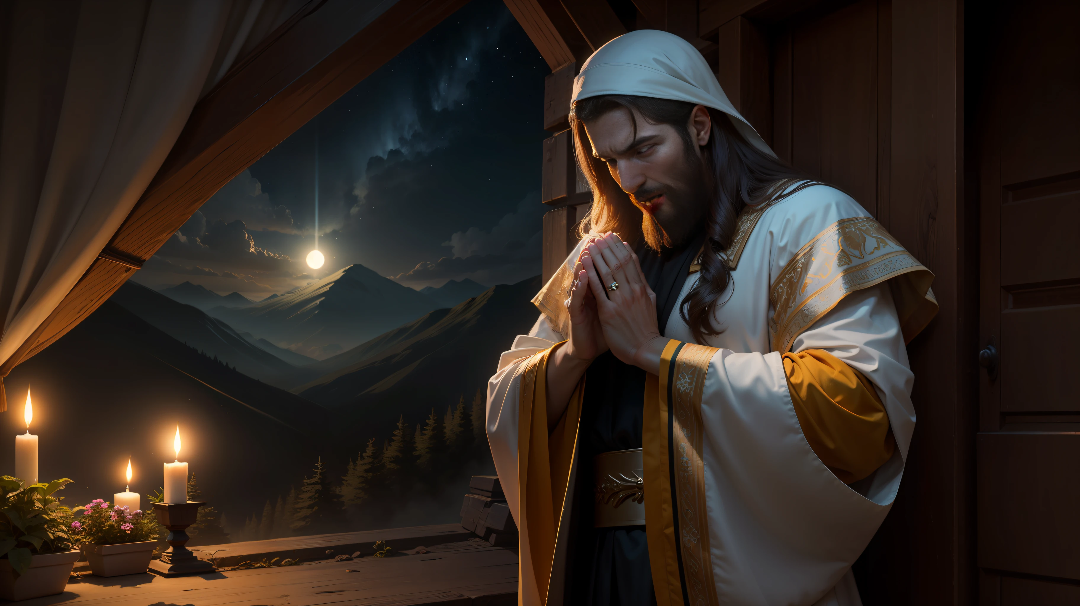 Arafed image of a man in a robe praying in front of a window - SeaArt AI