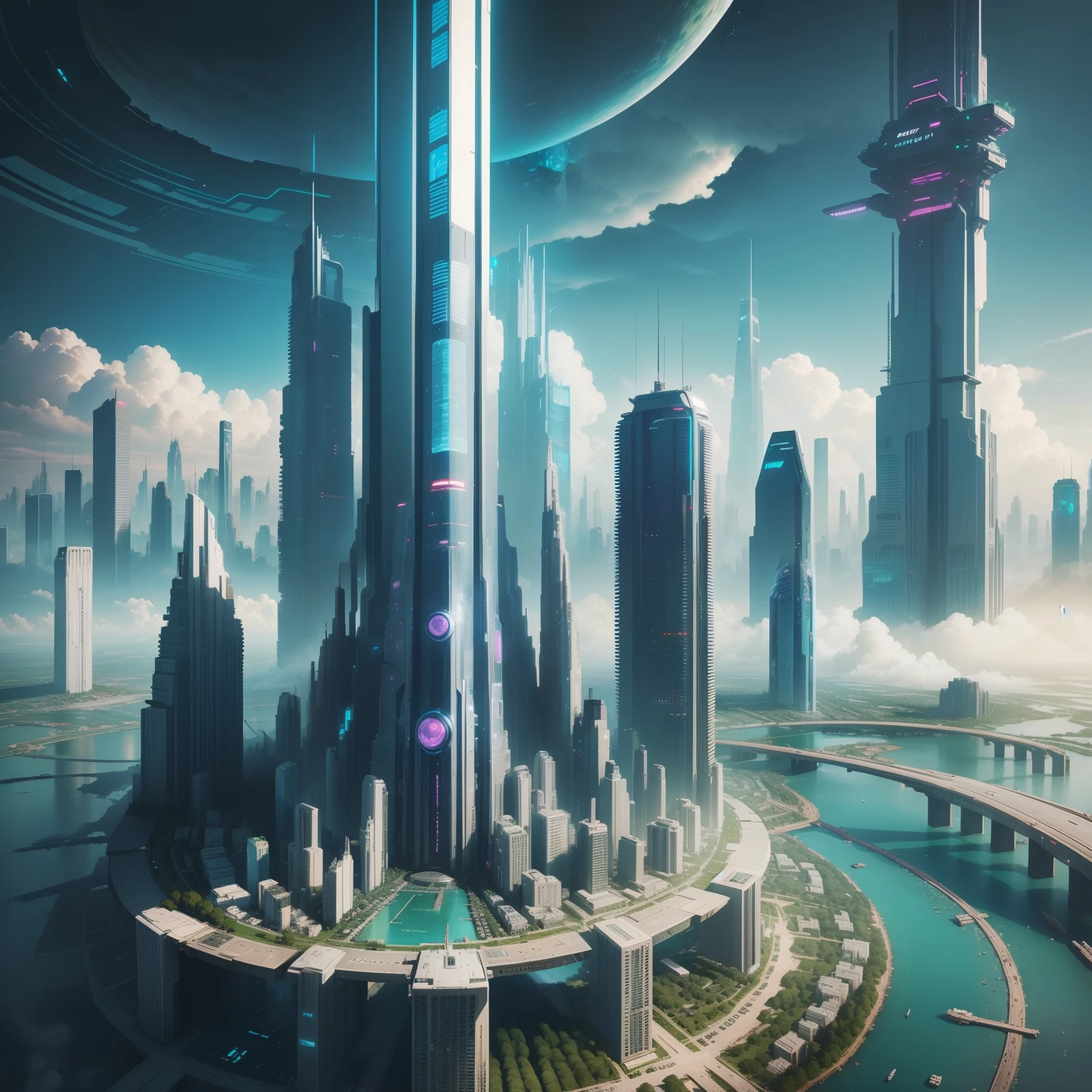 Futuristic city with futuristic skyscrapers and a river in the ...