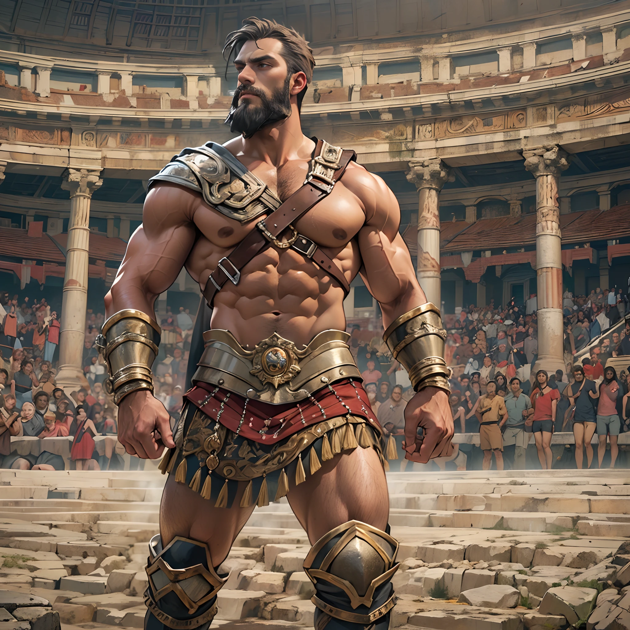 A close up of a man in a gladia costume standing in front of a crowd - SeaArt AI