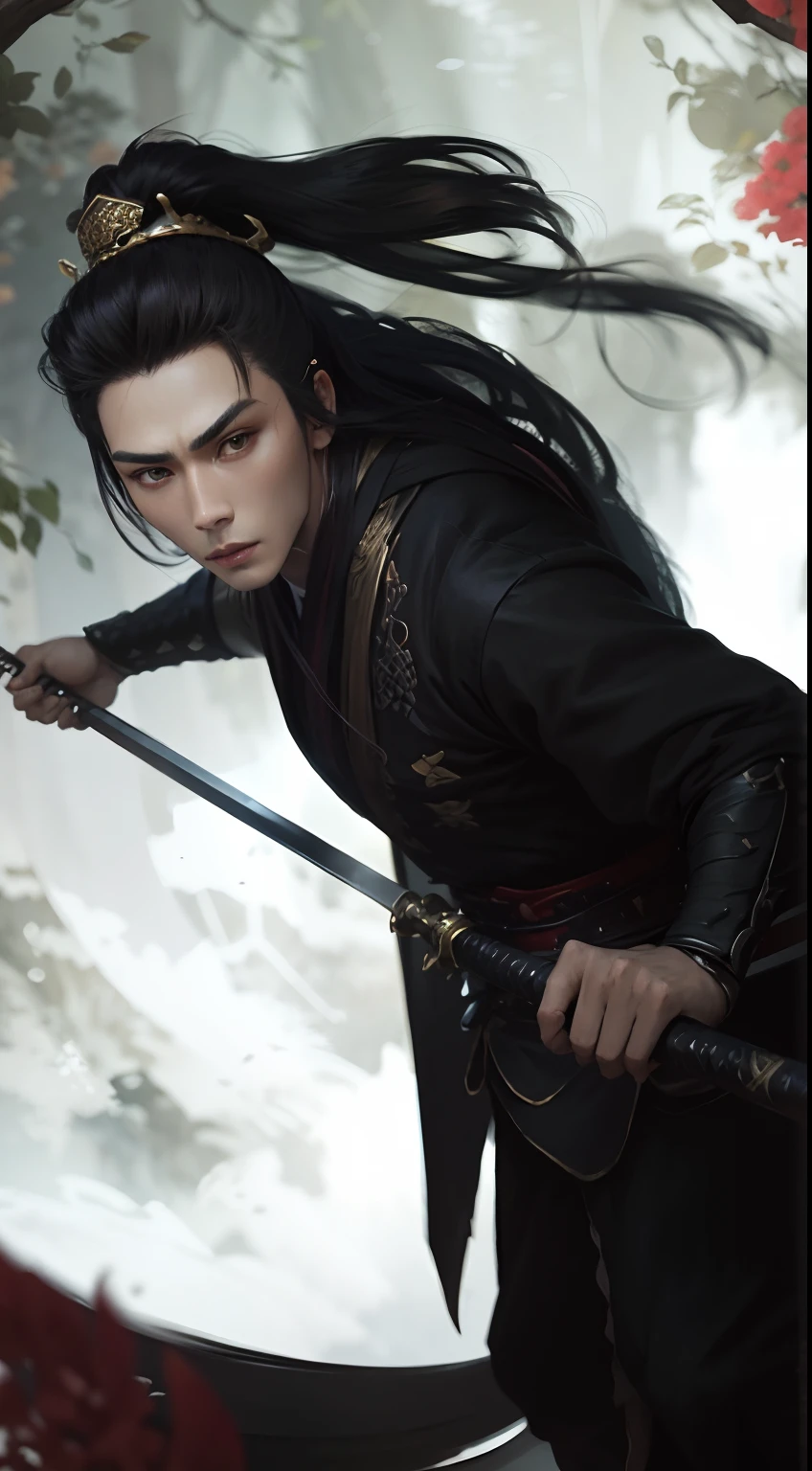 A close up of a person holding a sword in a field - SeaArt AI