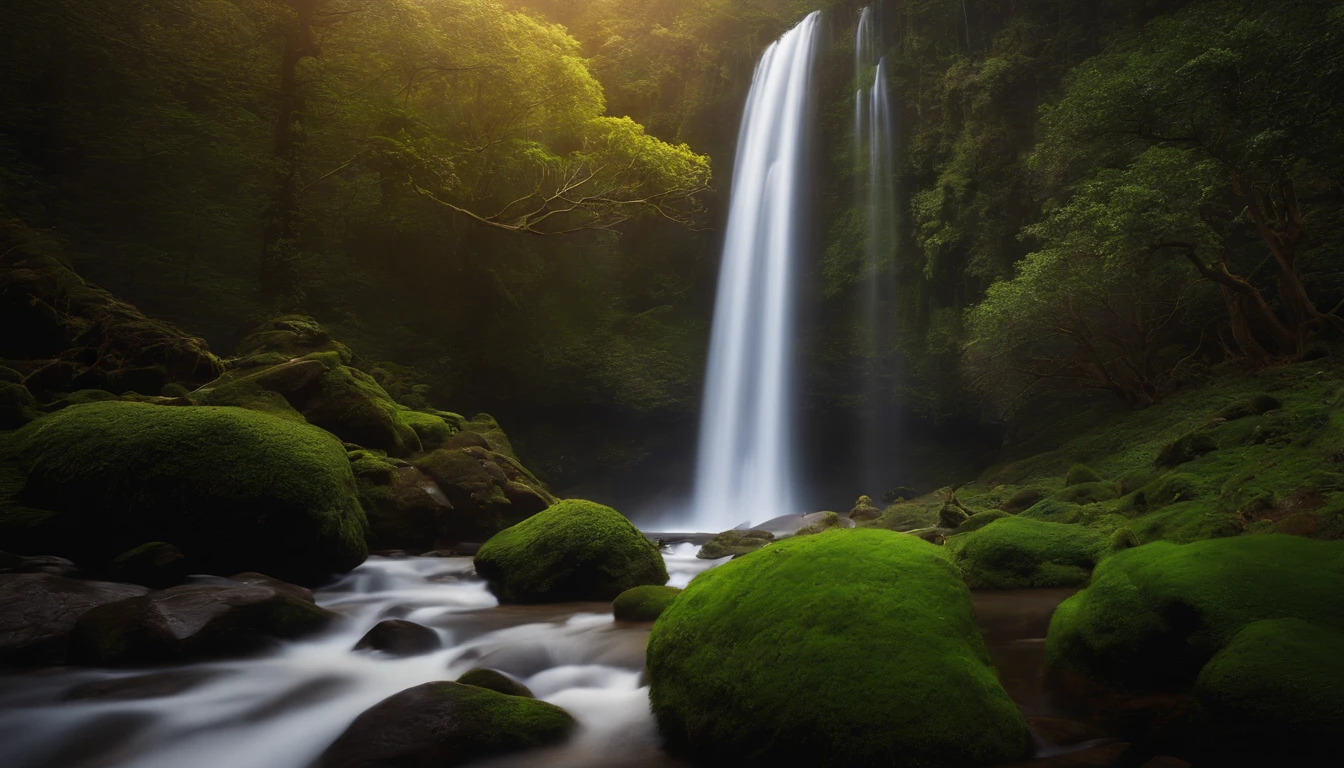 A waterfall in the middle of a lush green forest - SeaArt AI