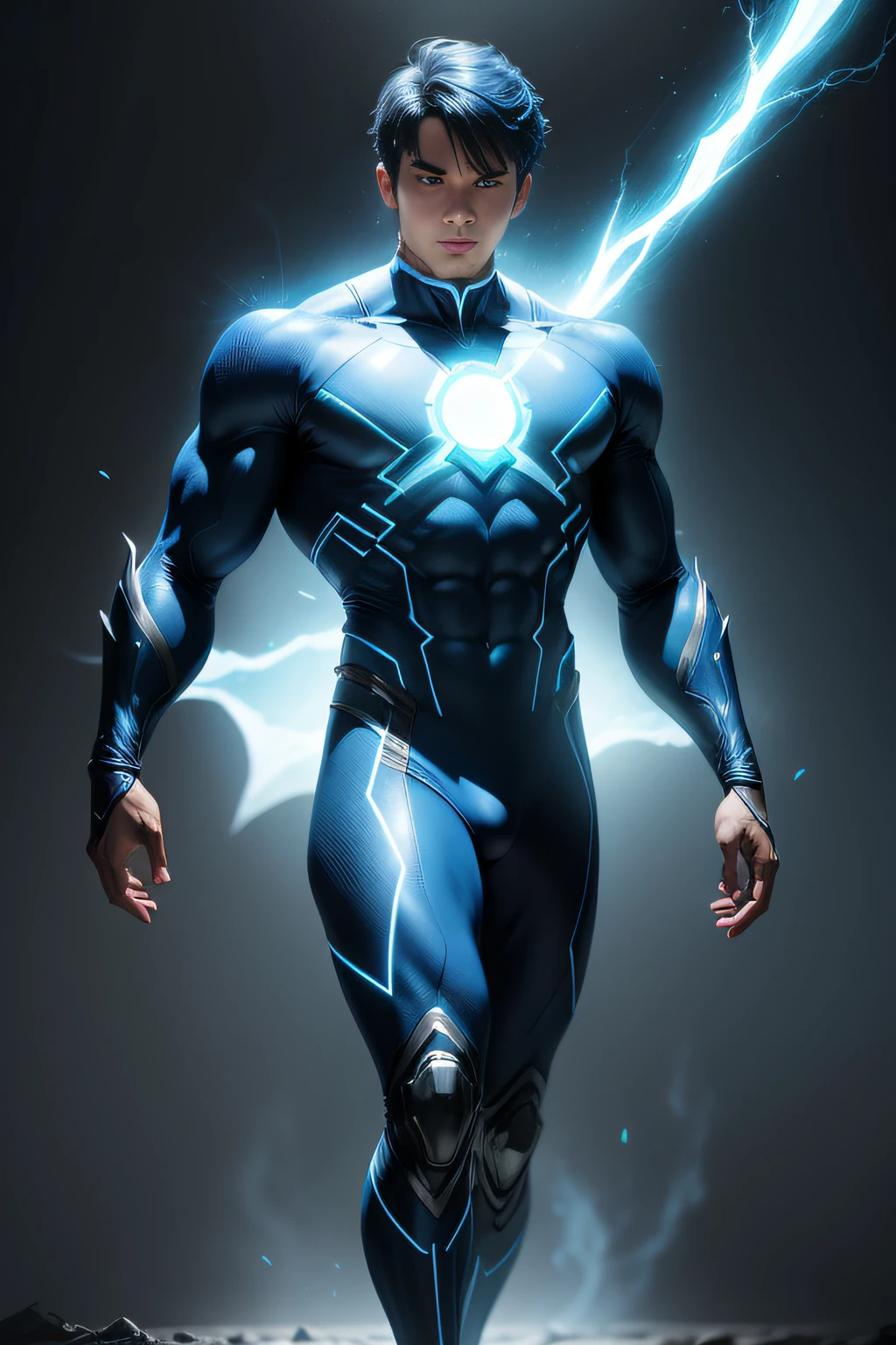 A man in a blue suit with lightning coming out of his chest - SeaArt AI