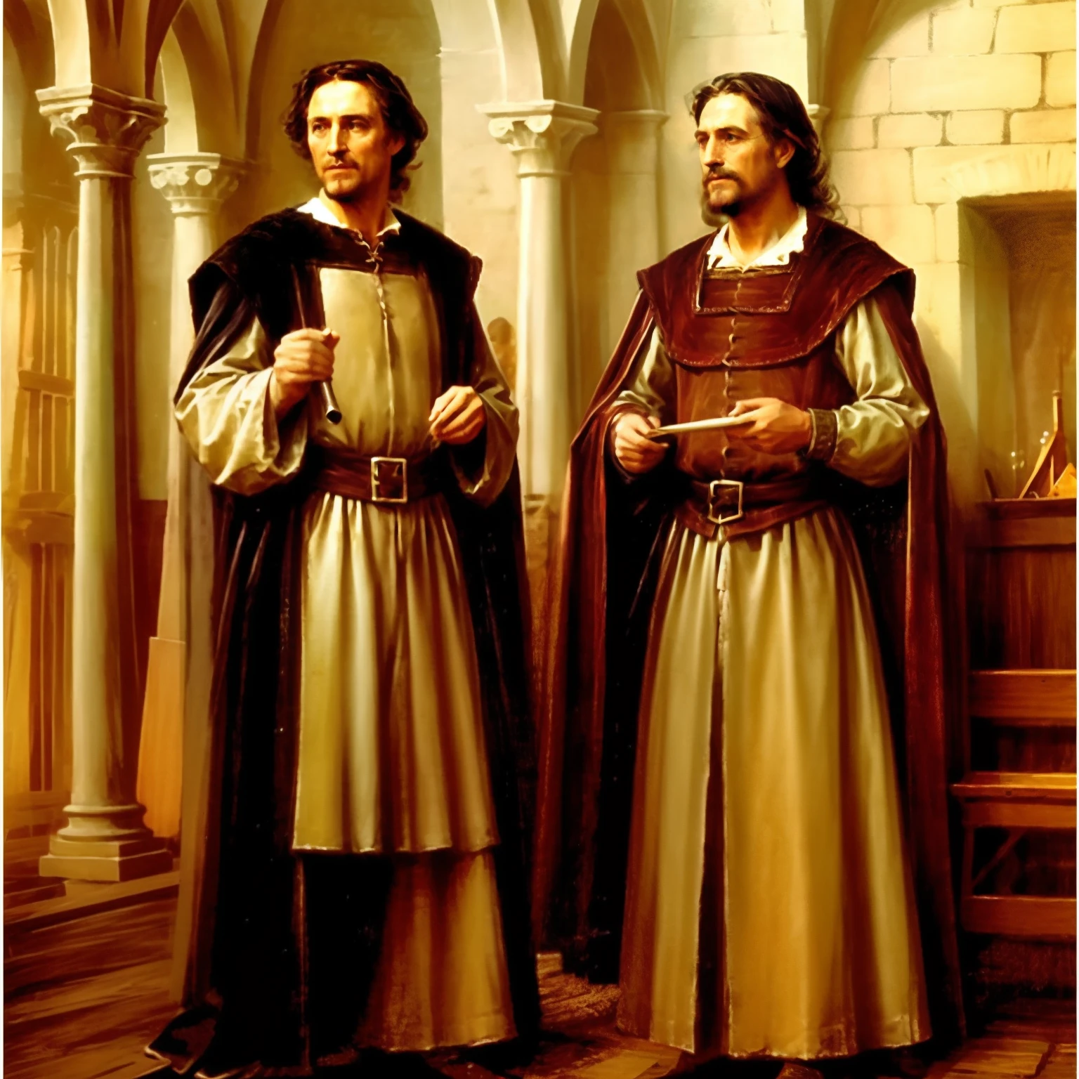 Two men dressed in medieval clothing standing next to each other ...