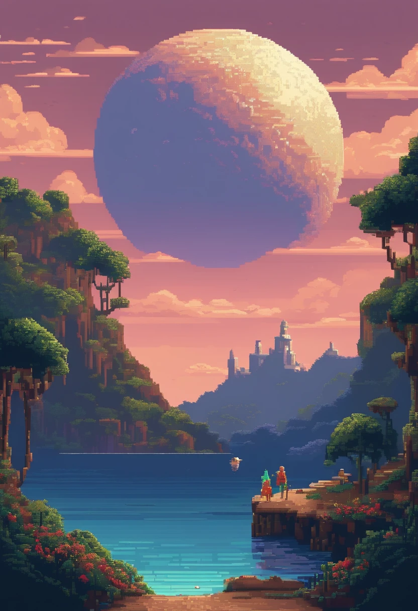 A pixel pixel art of a couple walking on a path near the ocean - SeaArt AI