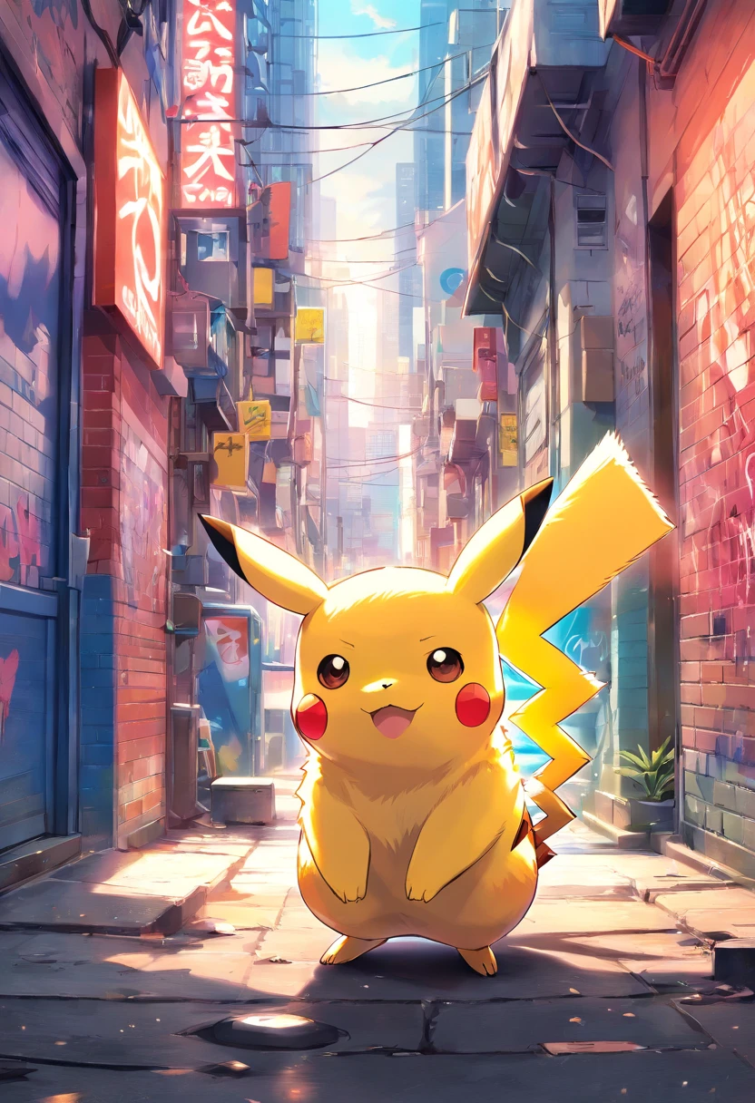 Pokemon pikachu in a city street with buildings and graffiti - SeaArt AI