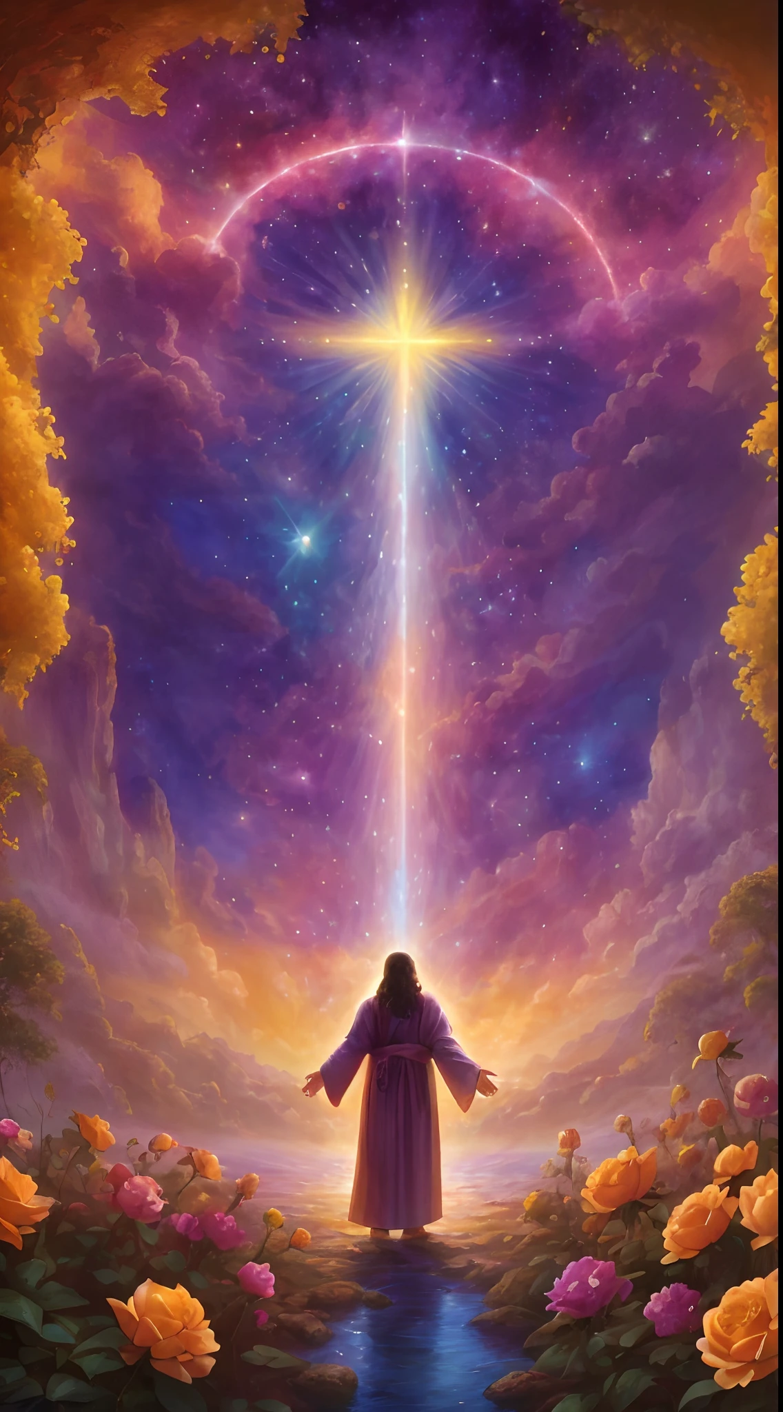 A painting of a person standing in a field with flowers - SeaArt AI