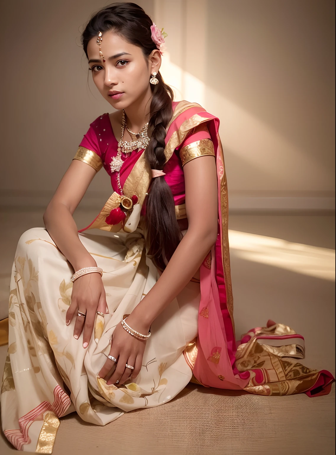 Arafed woman in a sari sitting on the floor with a pink and gold blouse ...