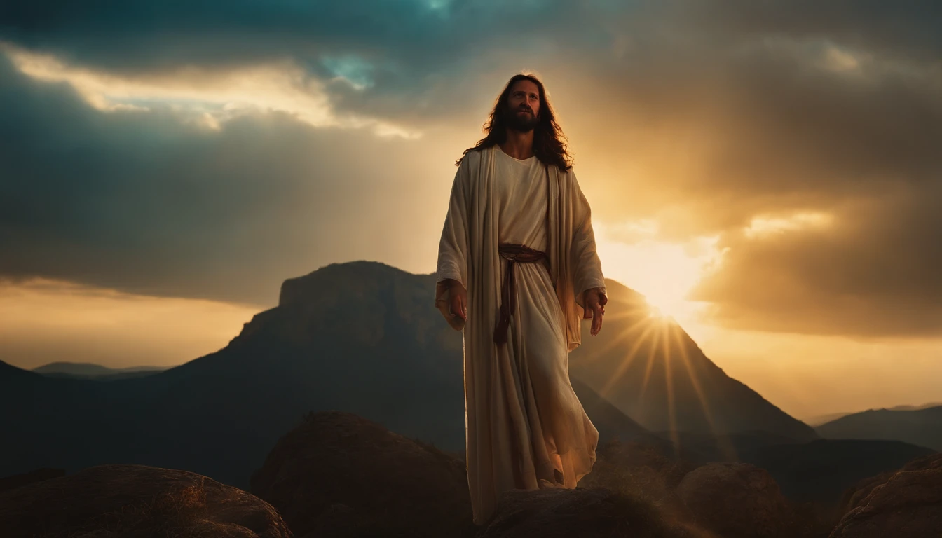 Jesus standing on a mountain with the sun shining behind him - SeaArt AI