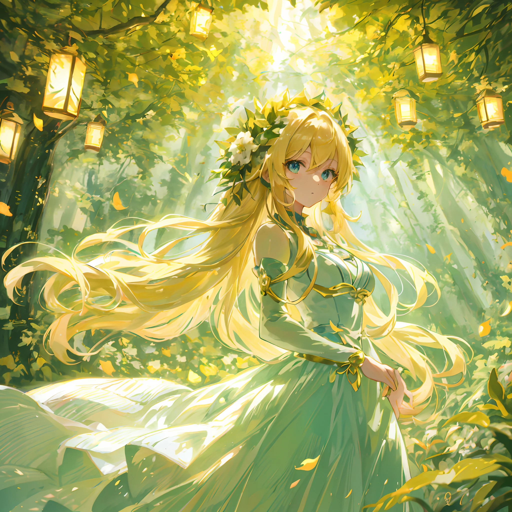 Anime girl in a green dress in a forest with lanterns - SeaArt AI