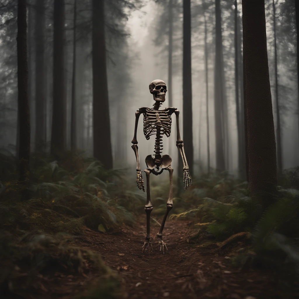 A skeleton walking through a forest with fog in the background - SeaArt AI
