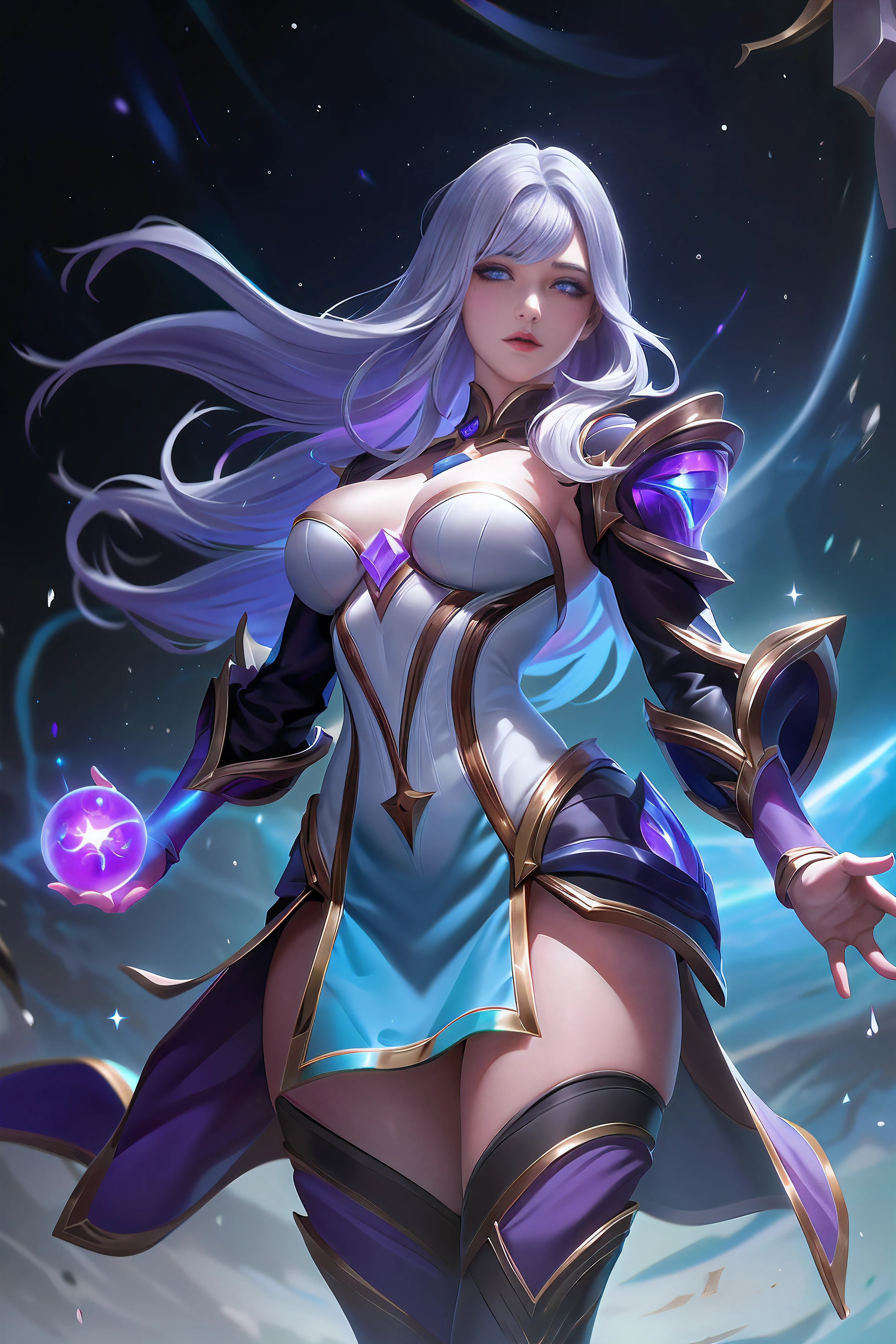 A woman in a blue dress holding a purple ball - SeaArt AI