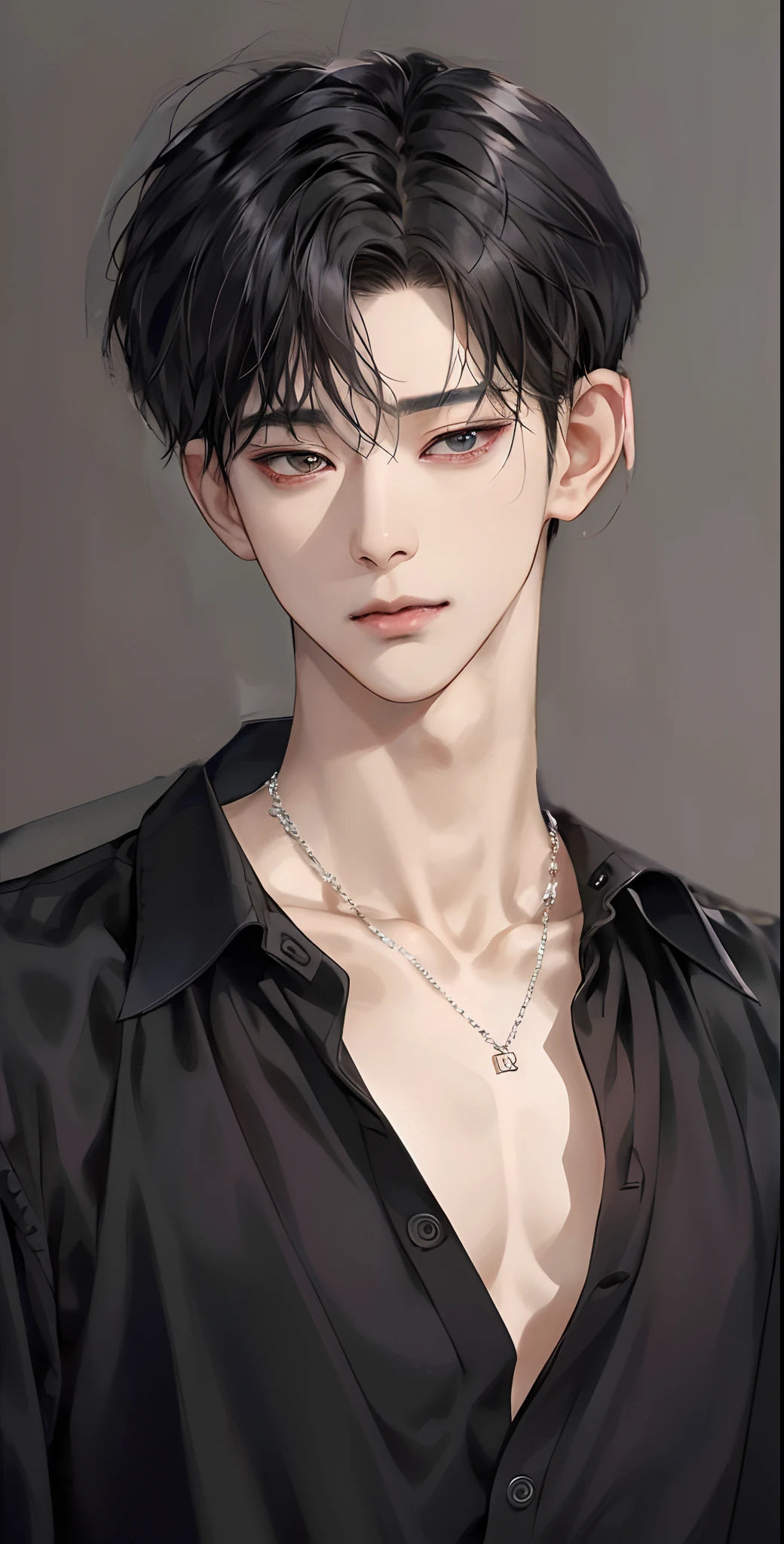 A man with a black shirt and a necklace on his neck - SeaArt AI