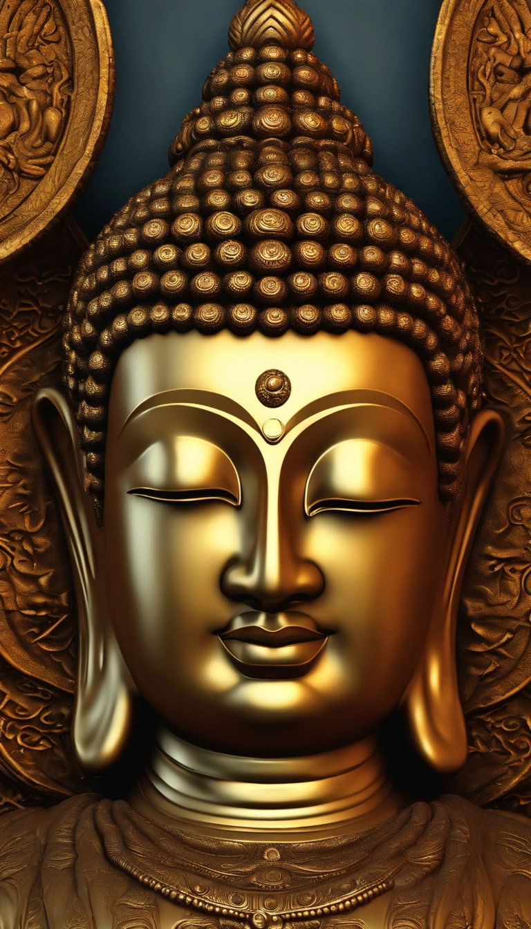 A close up of a golden buddha statue with a blue background - SeaArt AI