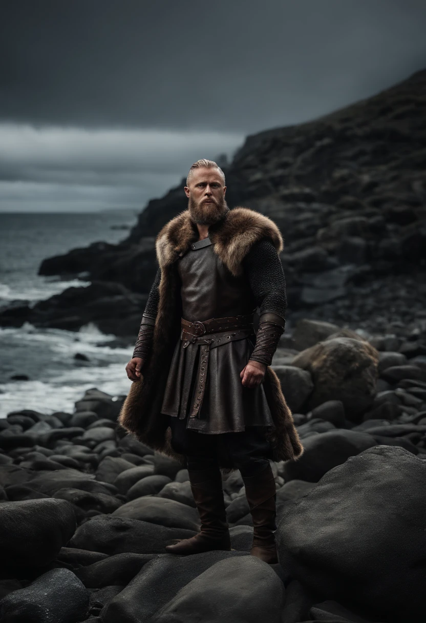 A man in a fur coat standing on rocks near the ocean - SeaArt AI